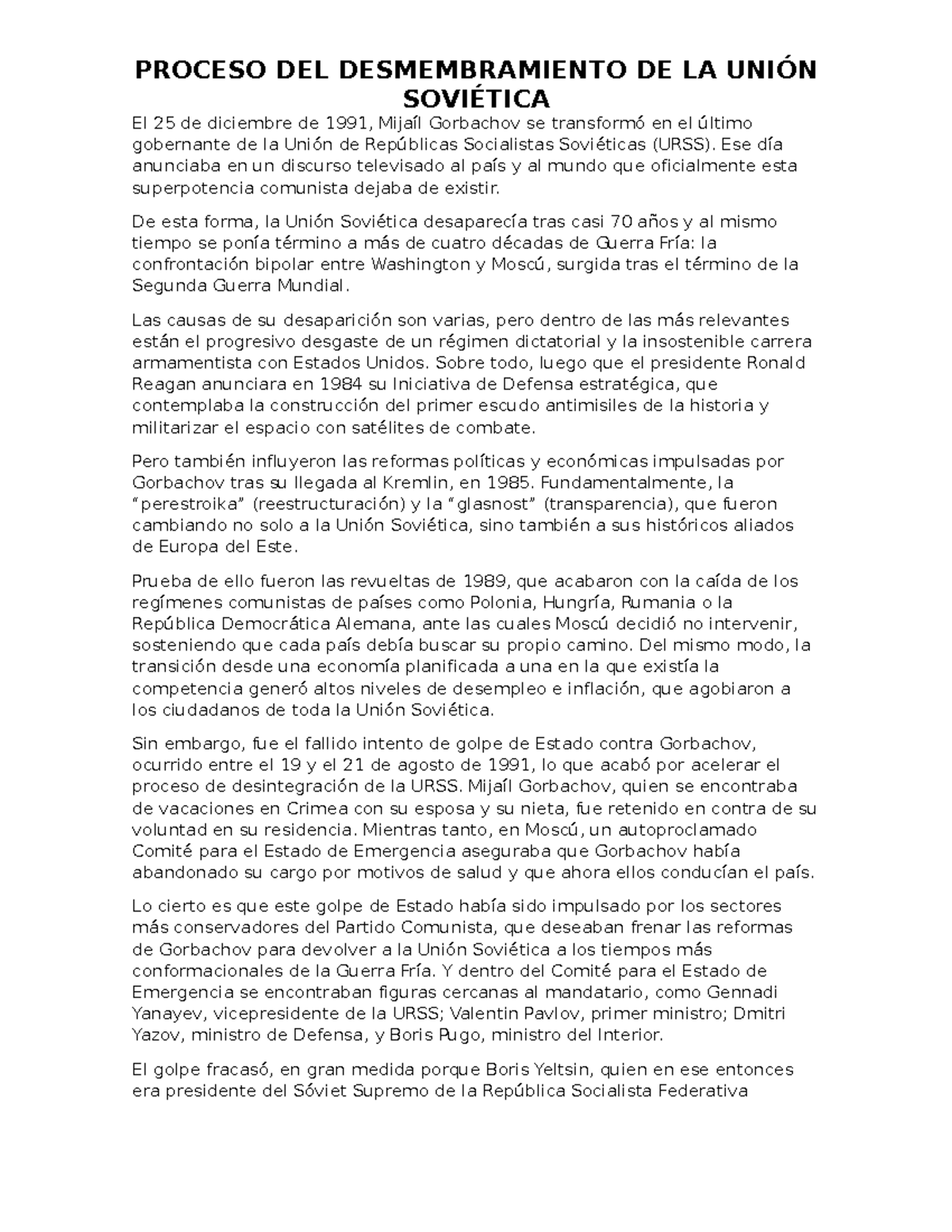 Proceso del desmembramiento de la Unión Soviética (Resumen corto ...