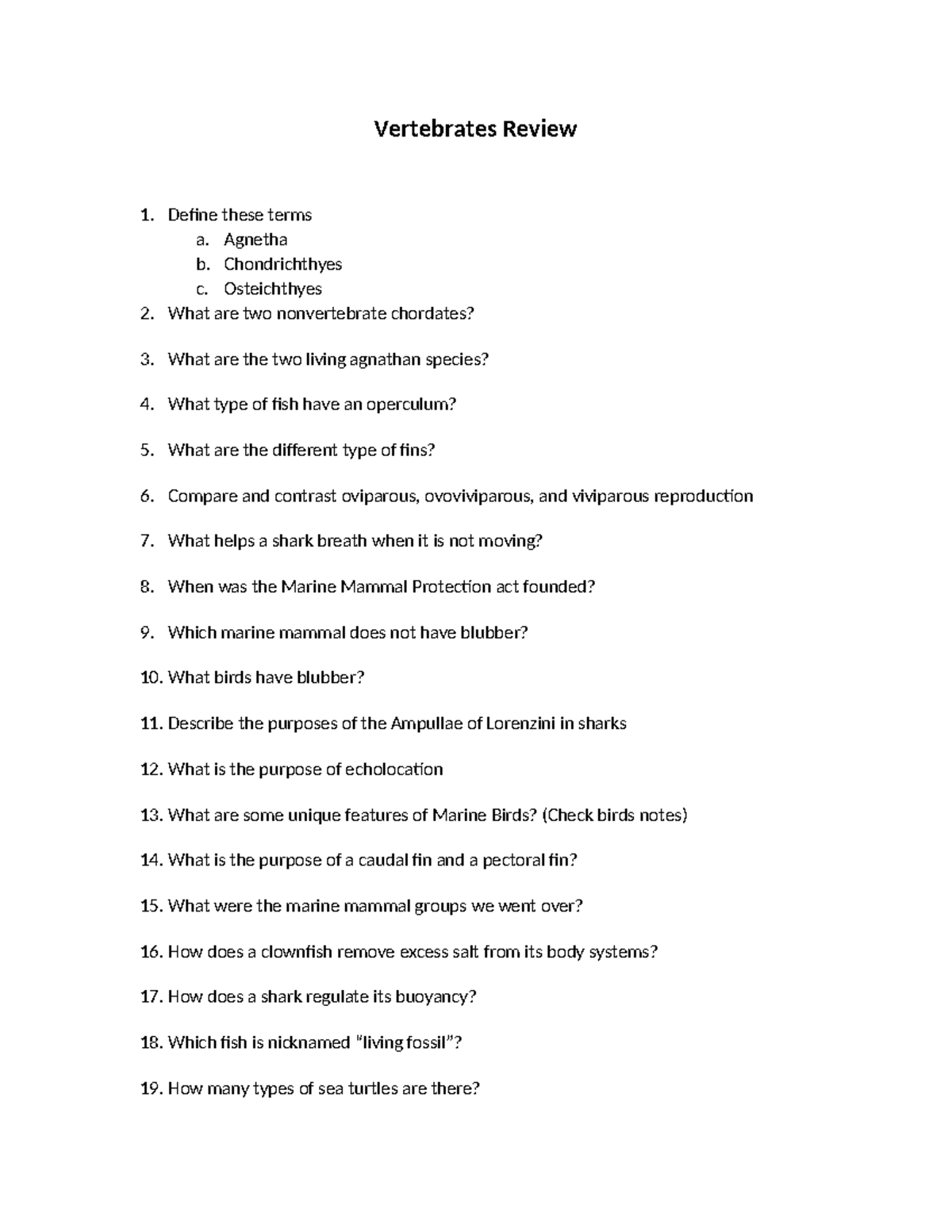 Vertebrates Review for Test 24 - Vertebrates Review 1. Define these ...