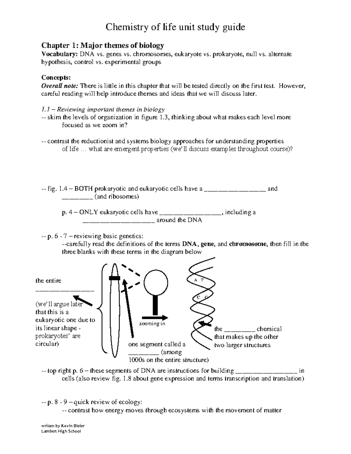 Chemistry of life unit study guide - written by Kevin Bleier Lambert ...