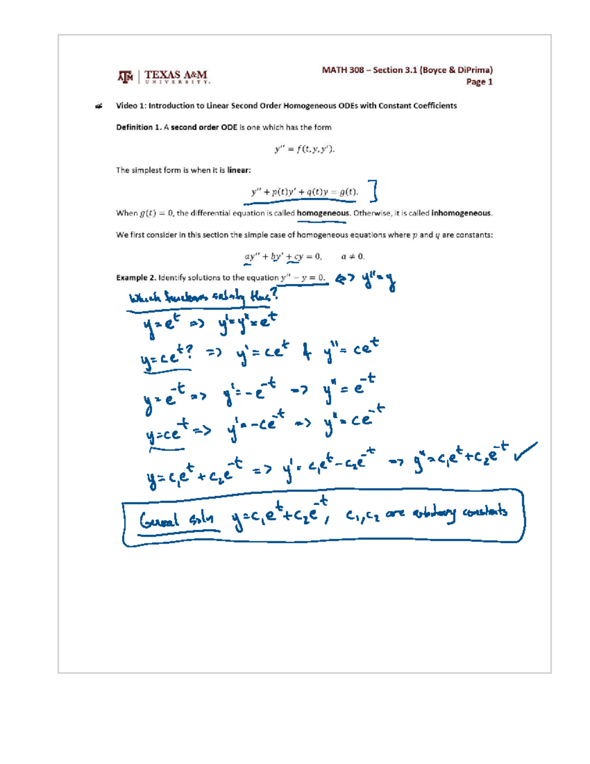 Diff EQ - 3.1 Completed (Boyce Di Prima) - MATH 308 - Studocu