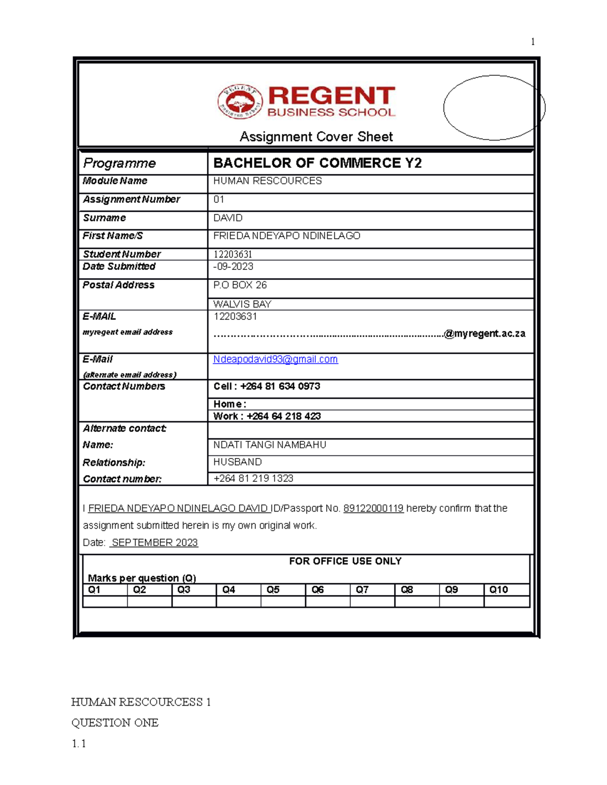 human resources management - 1 Assignment Cover Sheet Programme ...