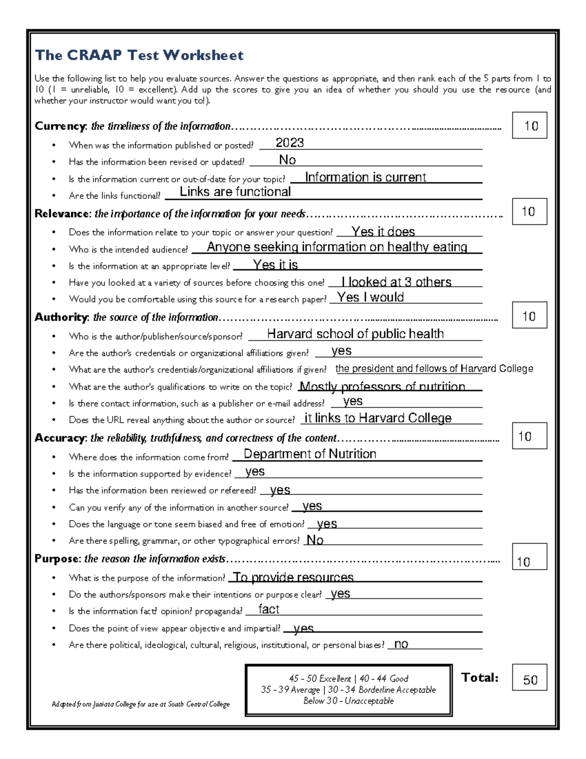 The Craap Test Worksheet - The CRAAP Test Worksheet Use the following ...