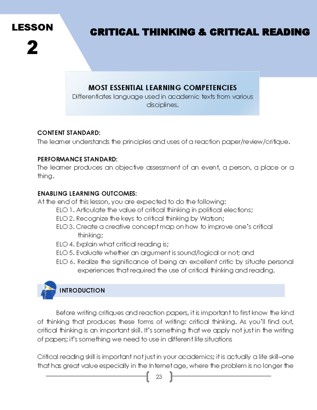 Critical Thinking & Critical Reading - 23 CONTENT STANDARD: The learner ...
