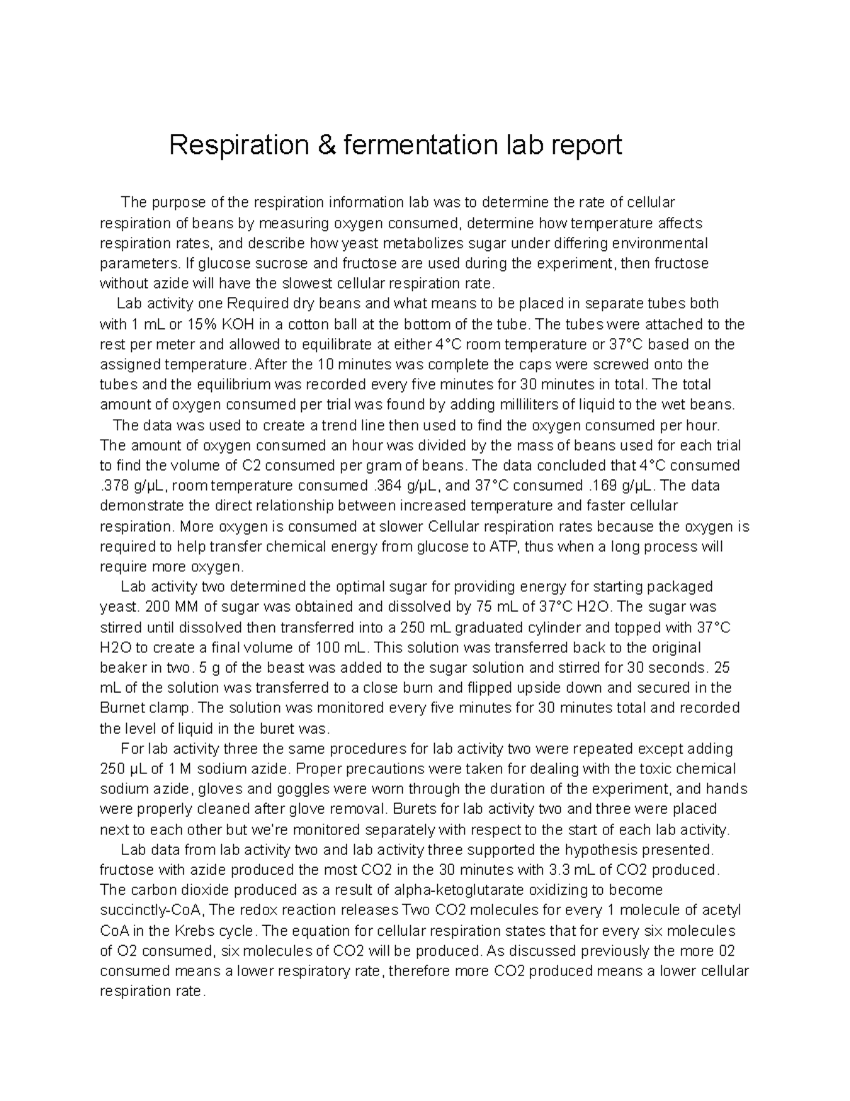 Bio lab report respiration and fermentation - Respiration ...