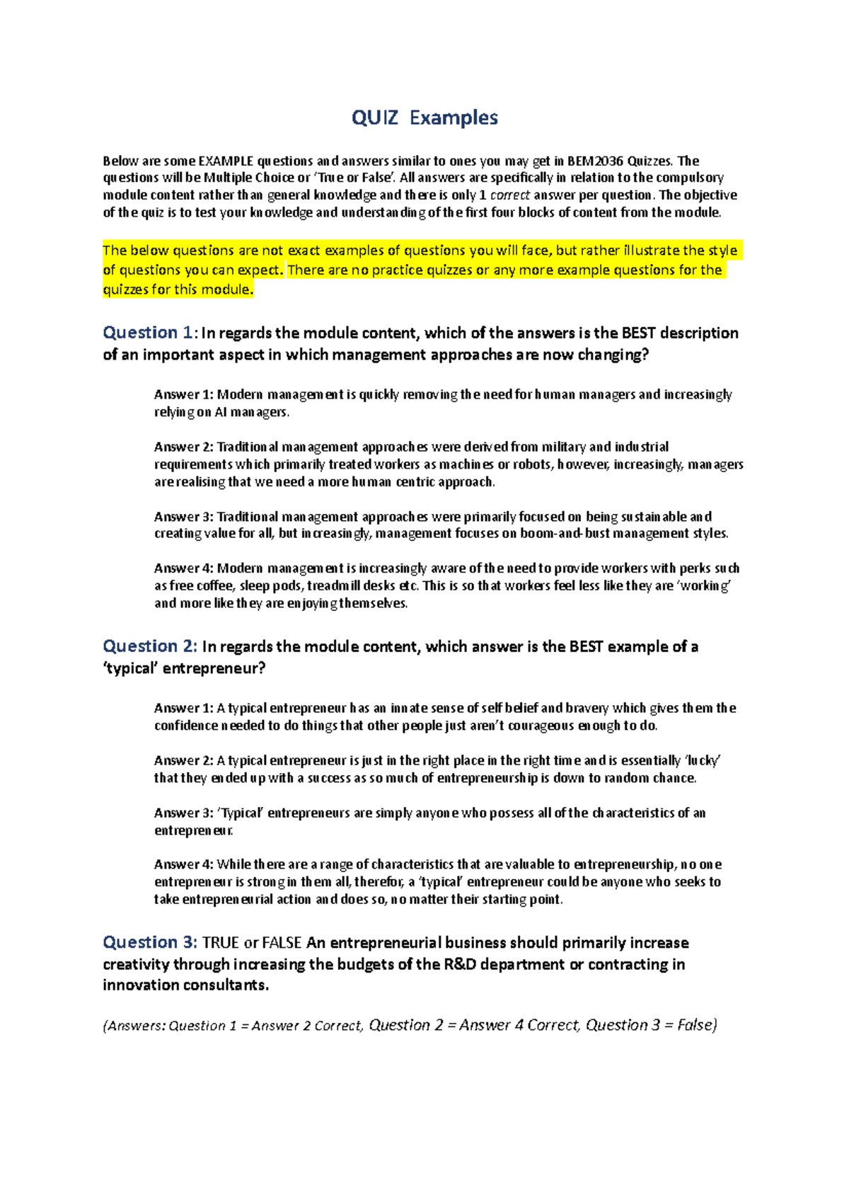 BEM2036 Example Quiz Questions - QUIZ Examples Below are some EXAMPLE ...