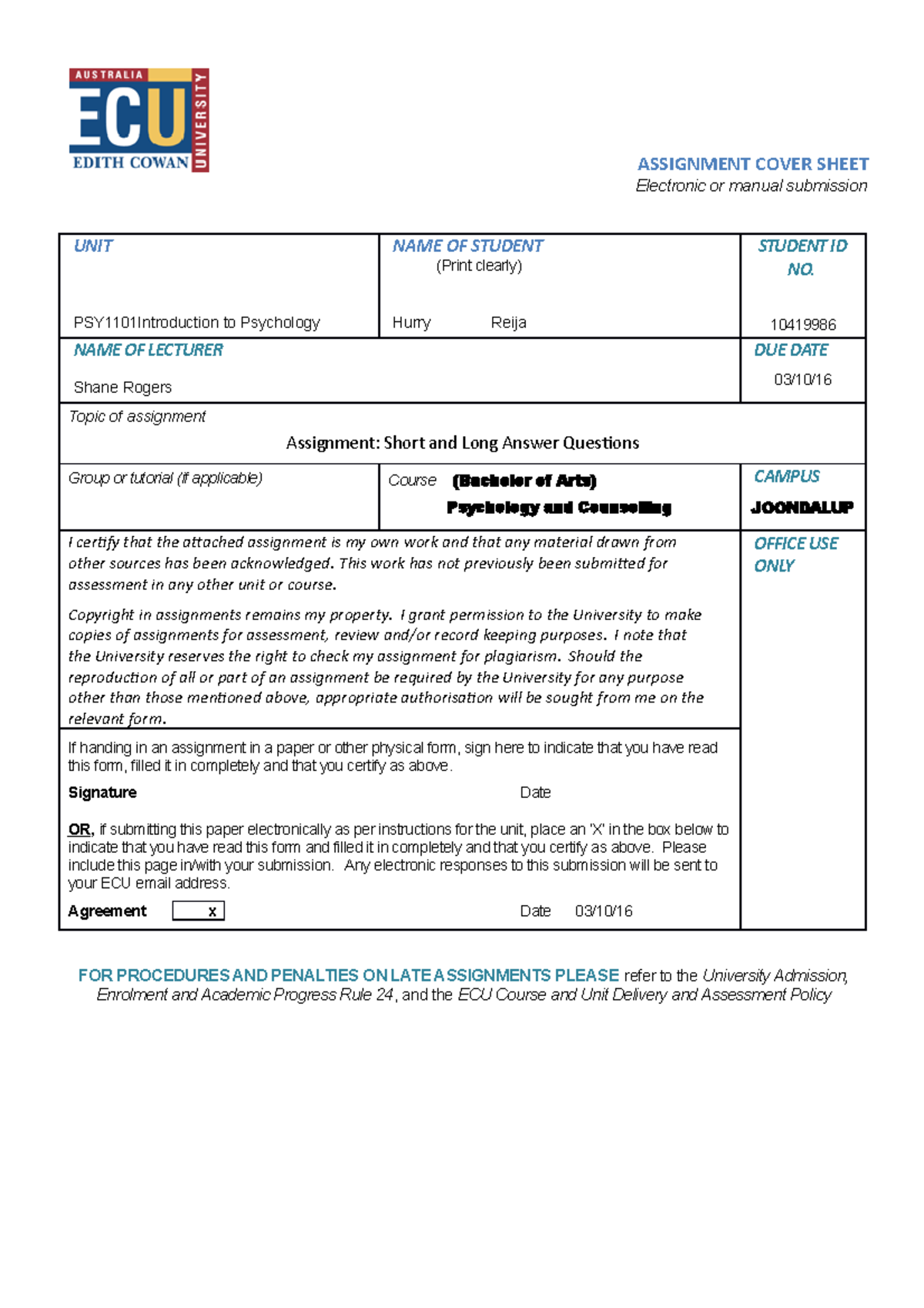 Introduction to Psychology Assessment Assignment 1 Short Answer ...