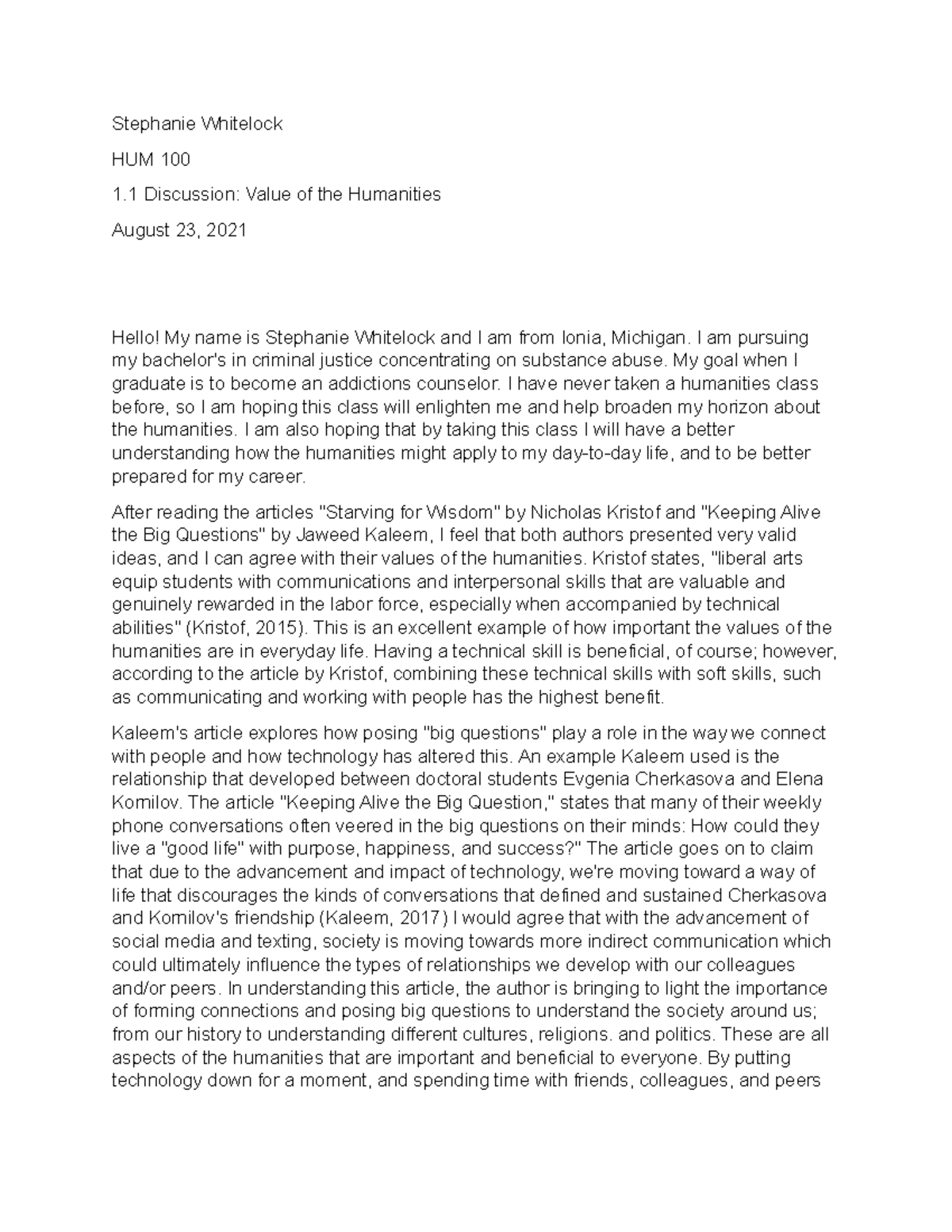 HUM 100 1-1 Discussion Value of the humanities - Stephanie Whitelock ...