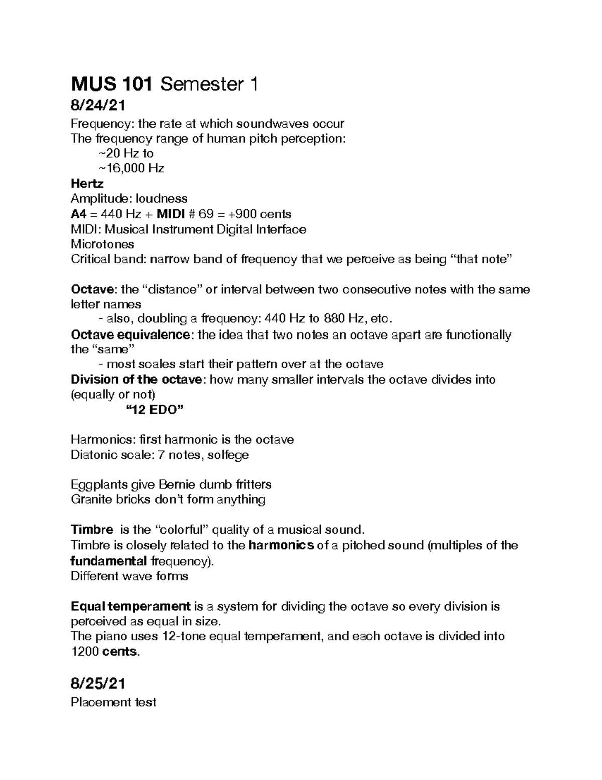 MUS 101 Semester 1 Lecture notes - MUS 101 Semester 1 8/24/ Frequency ...