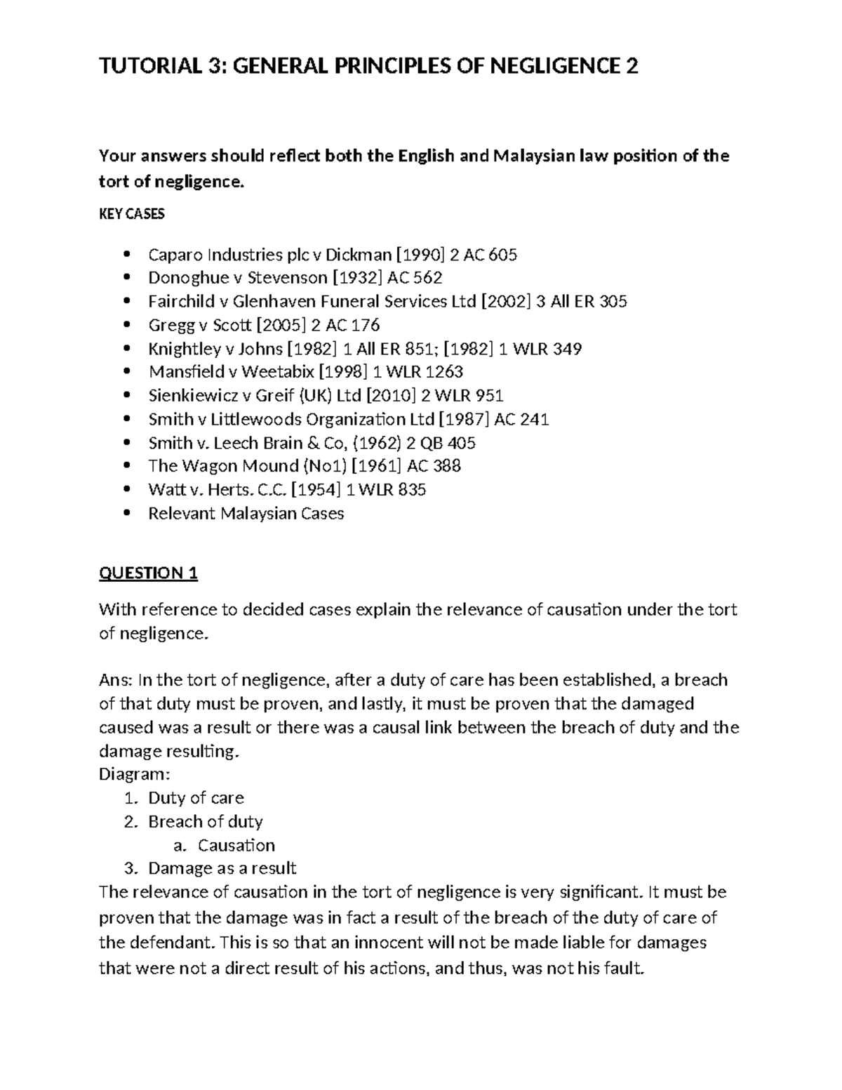 Tort 1: Tutorial 3 - Your answers should reflect both the English and ...