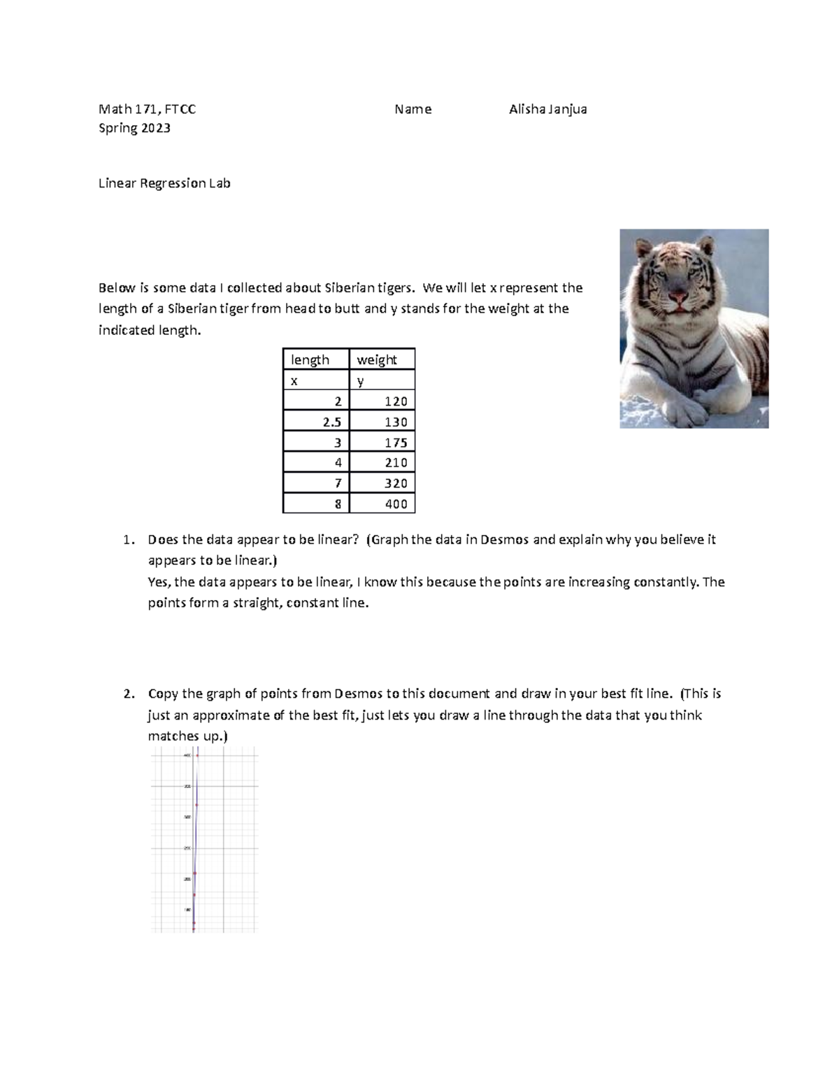 Linear Regression Lab Siberian Tiger - Math 171, FTCC Name Alisha ...