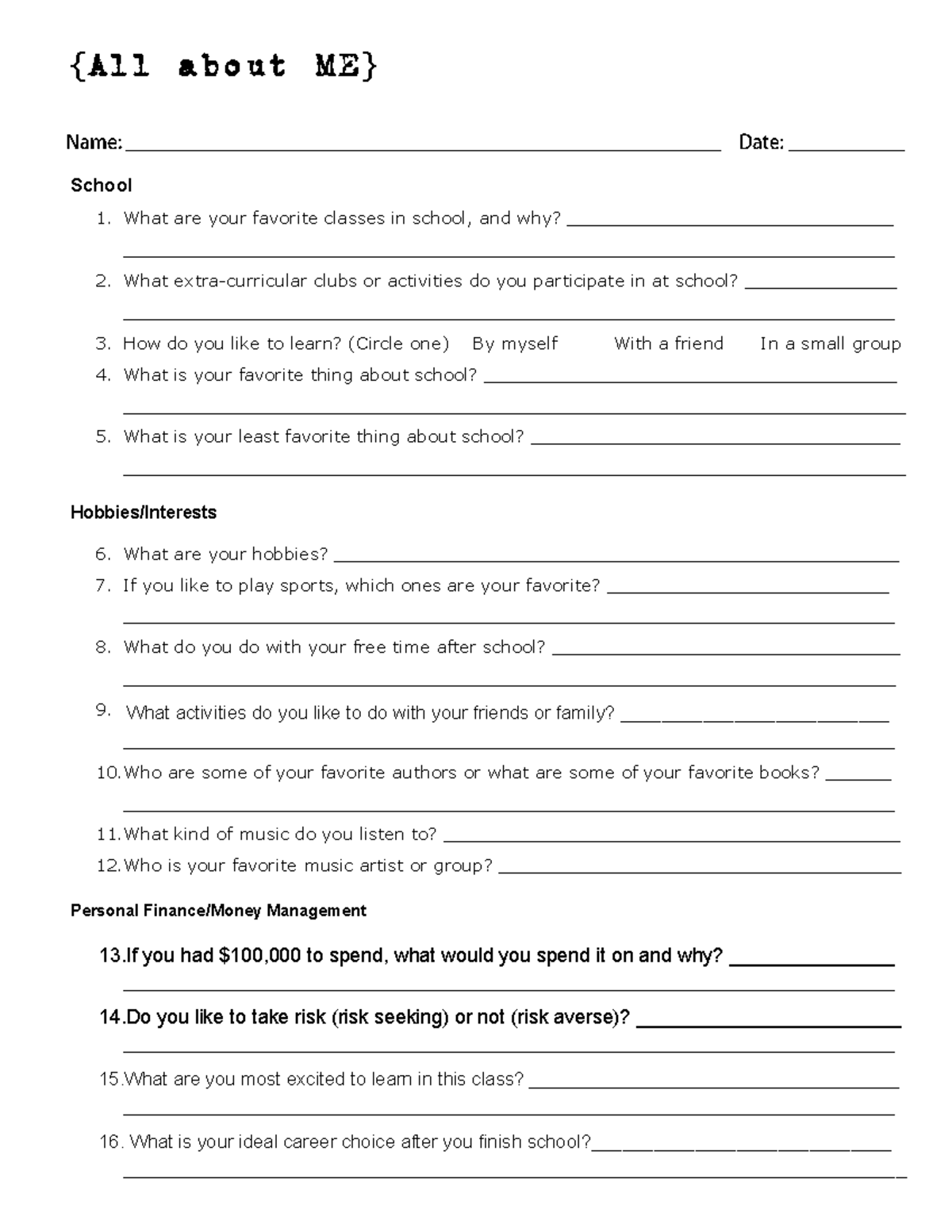 Start of the Year Student Interest Survey - {All about ME} What are ...