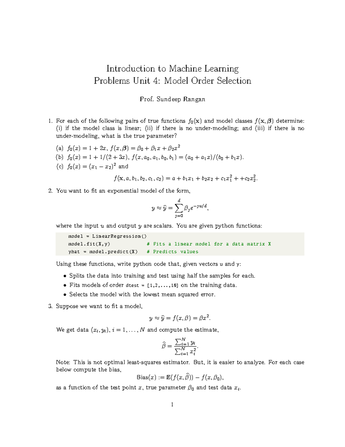 Prob model sel - hw4 - Introduction to Machine Learning Problems Unit 4: Model Order Selection ...