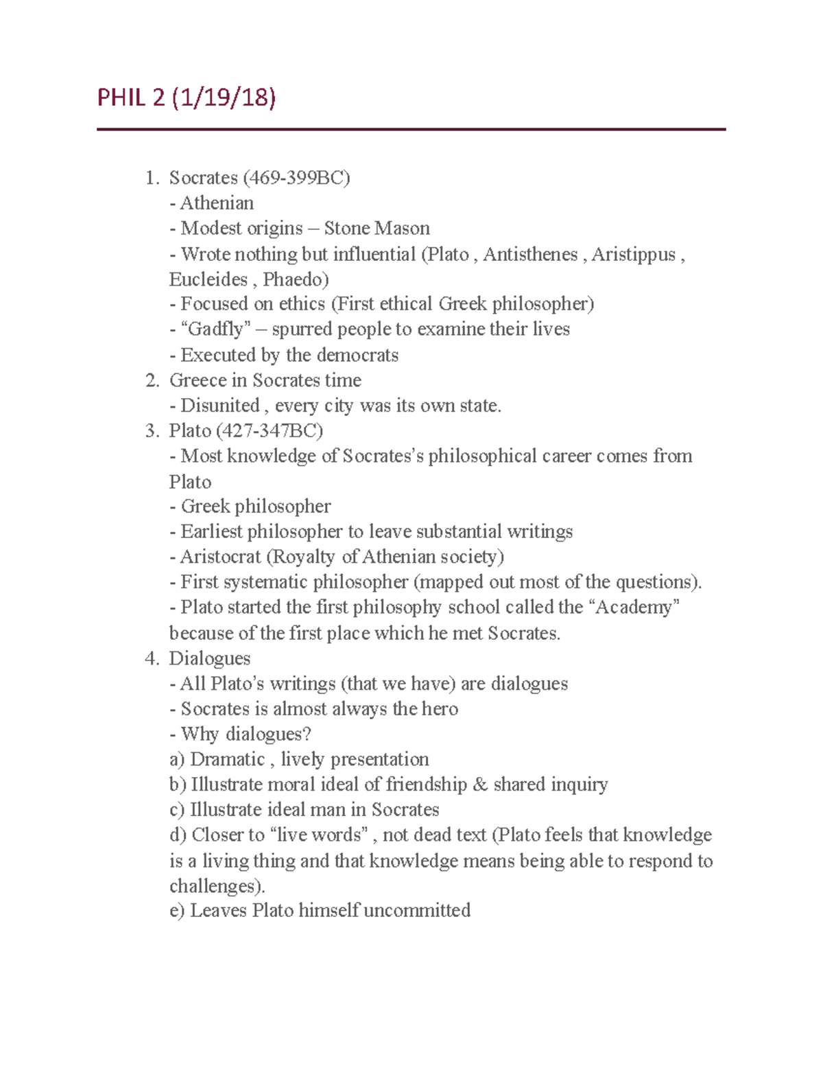 Philosophy Notes up to Midterms - PHIL 2 (1/19/18) Socrates (469-399BC ...