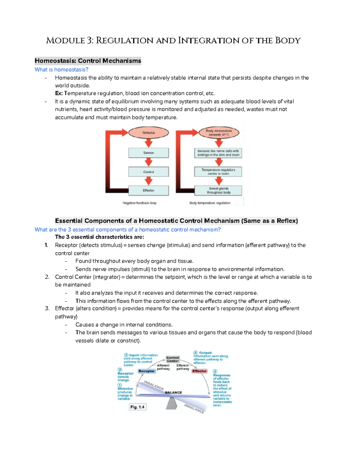 Module 3 - Regulation and Integration of the Body Notes - Module 3 ...