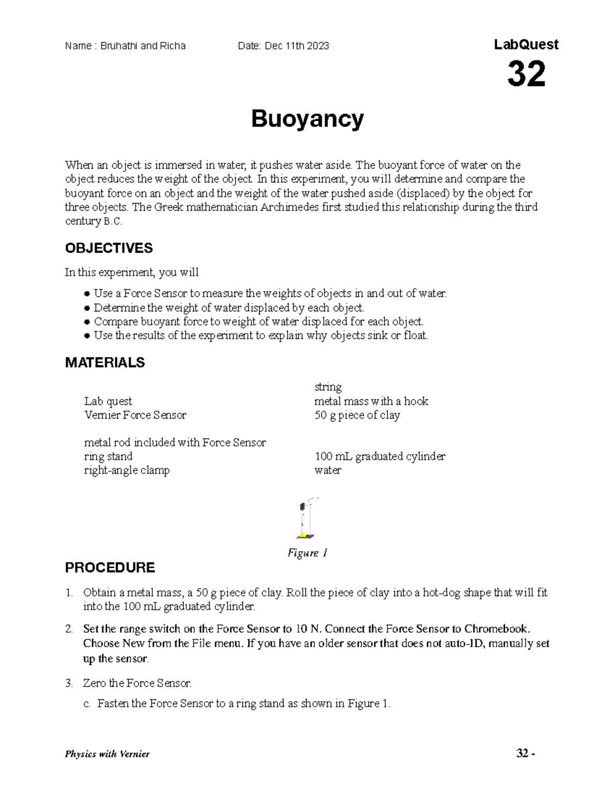 Copy of Buoyancy Lab.docx - Name : Bruhathi and Richa Date: Dec 11th ...