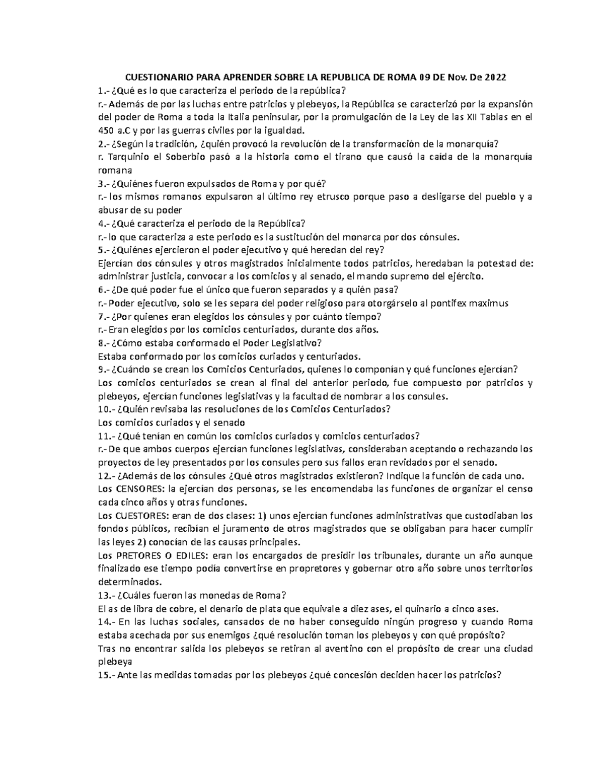 Cuest. DE LA Republica DE ROMA Laura Mariel - CUESTIONARIO PARA ...