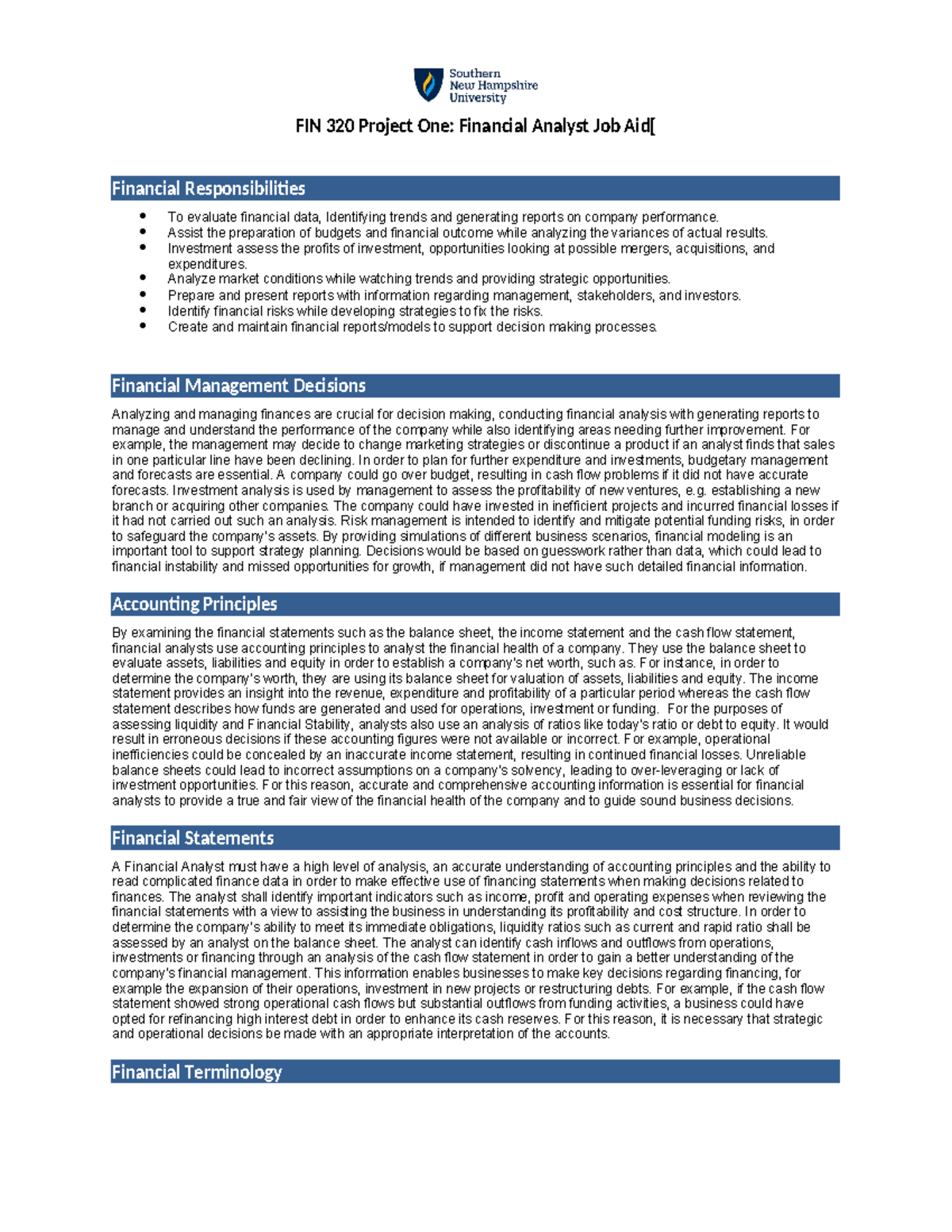 FIN 320 Project One Financial Analyst Job Aid - Assist the preparation ...