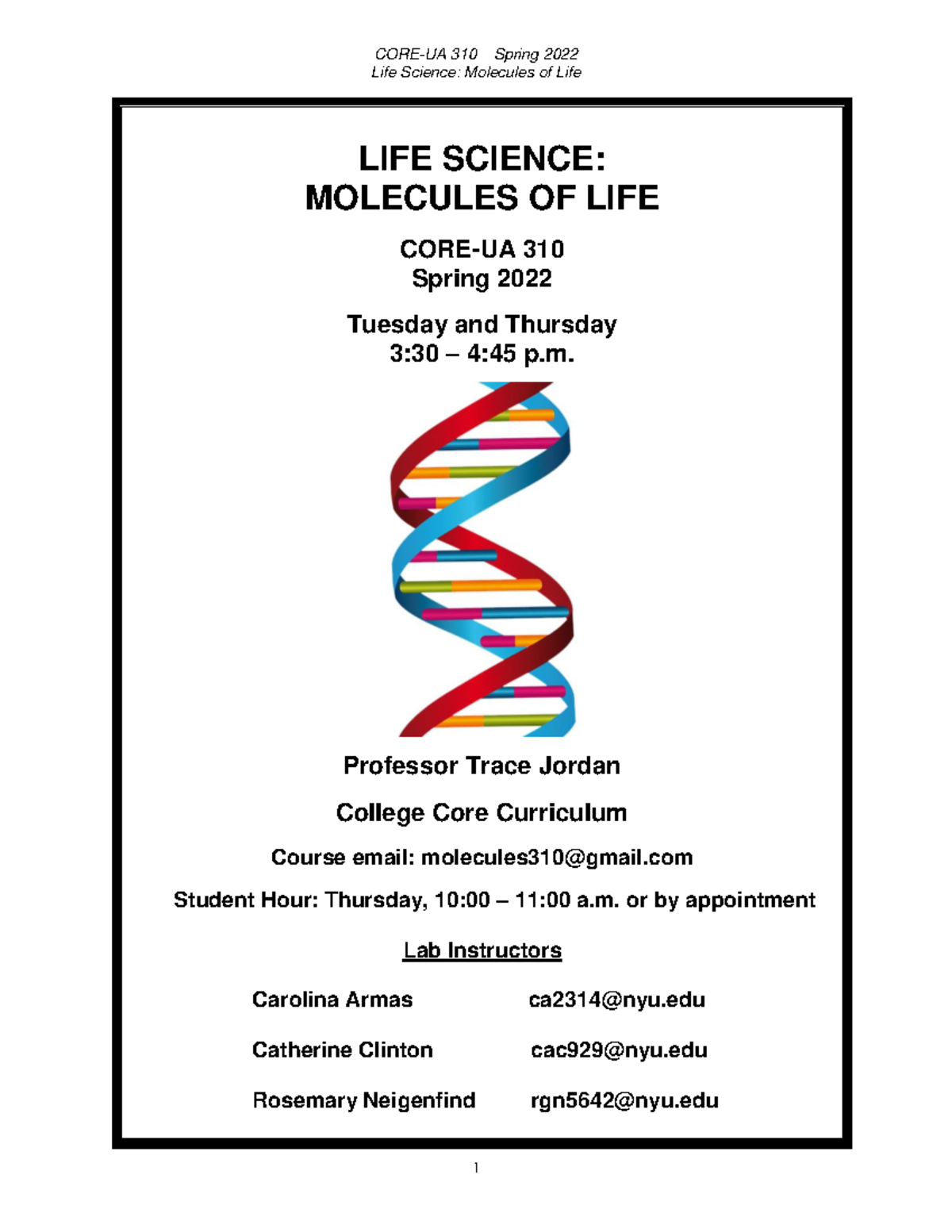 Molecules of Life syllabus (Spring 2022) - Life Science: Molecules of ...