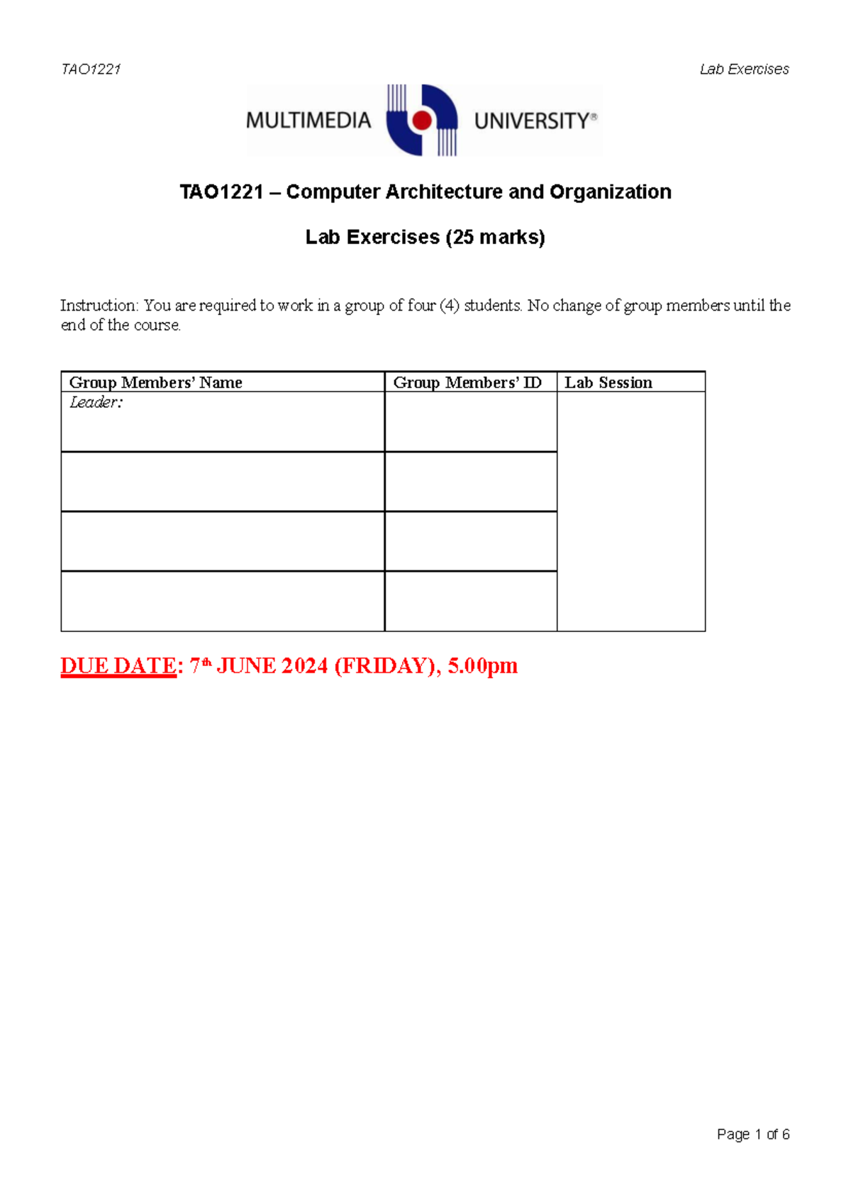Lab Exercise - TAO 1221 – Computer Architecture and Organization Lab ...