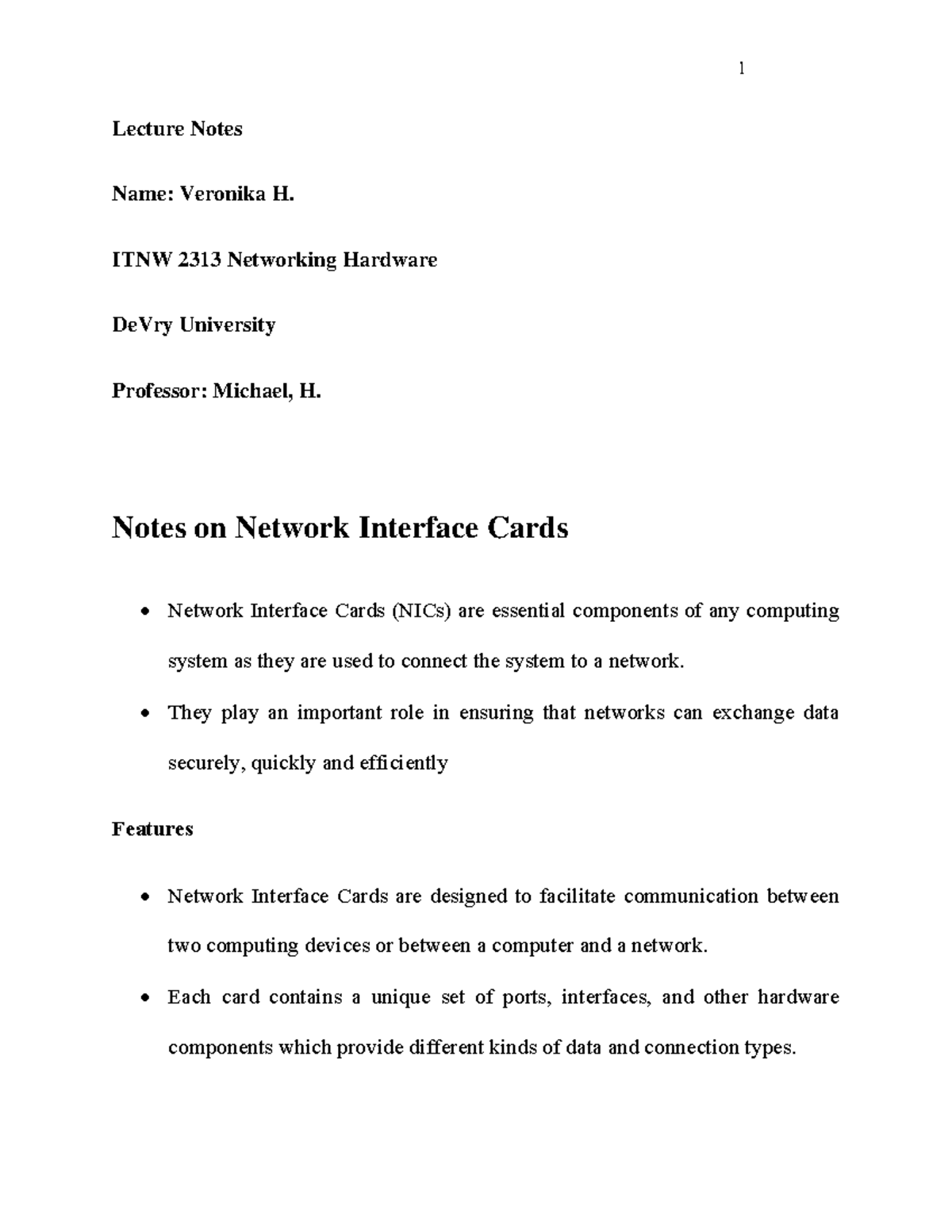 Notes on Network Interface Cards - Lecture Notes Name: Veronika H. ITNW ...