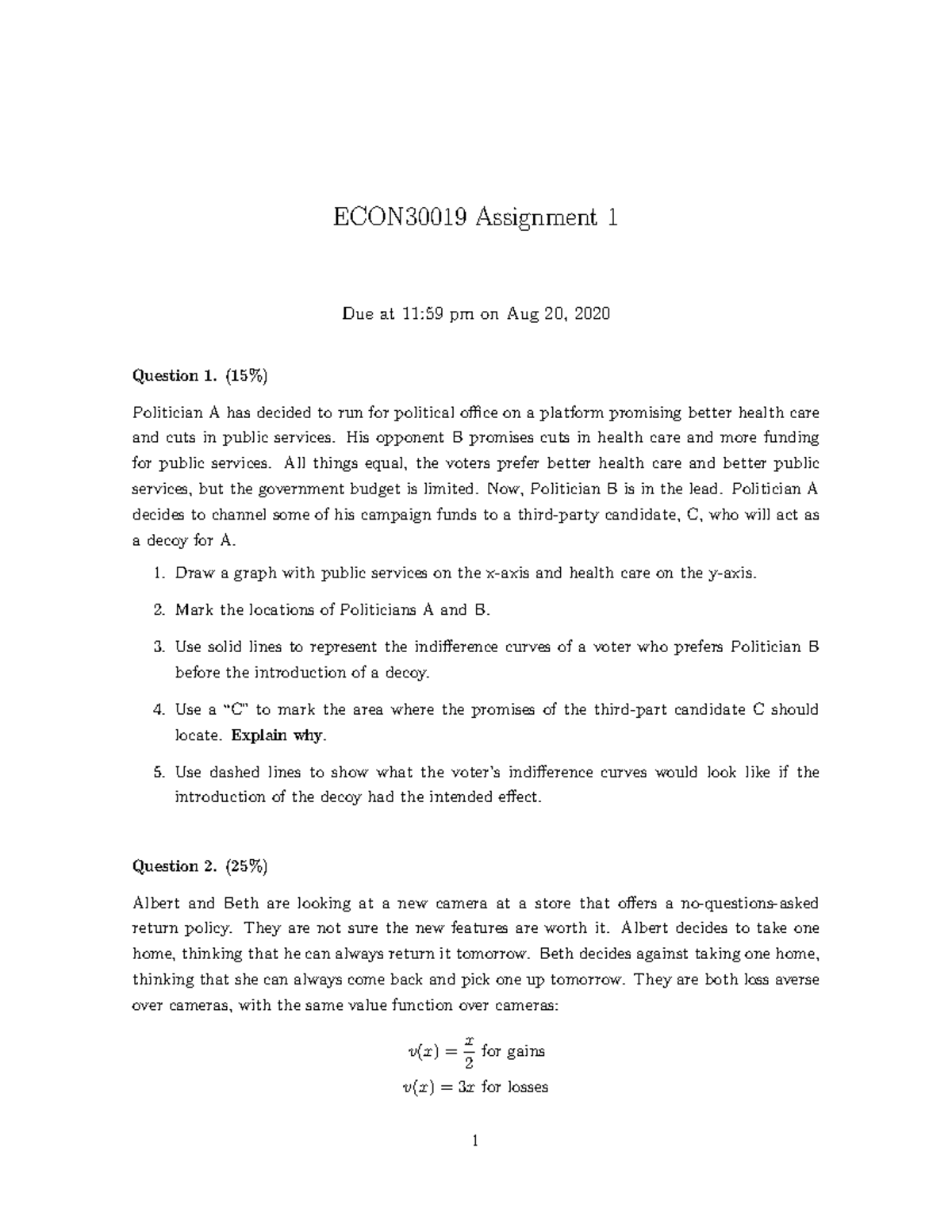 Assignment 1 2020 - ECON30019 Assignment 1 Due at 11:59 pm on Aug 20 ...