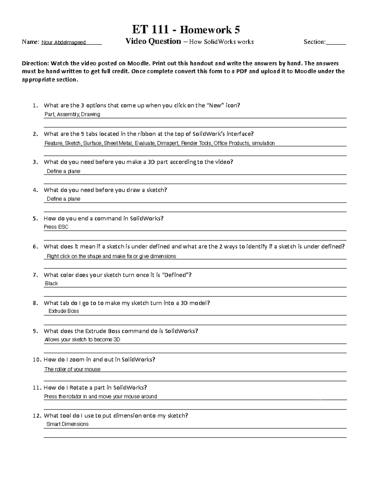 ET 111 - H.W. 7 - Solidworks Video Questions - ET 111 - Homework 5 Name