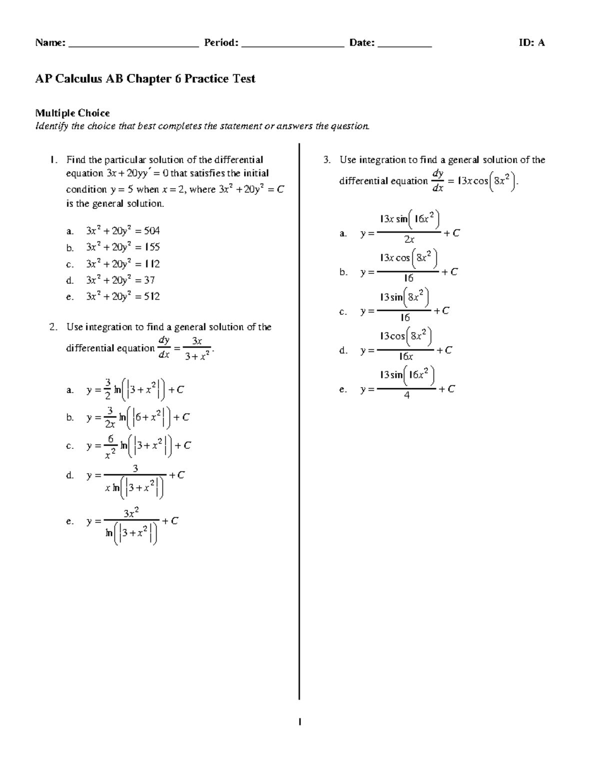 Ap calculus ab chapter 6 practice test - Name ...