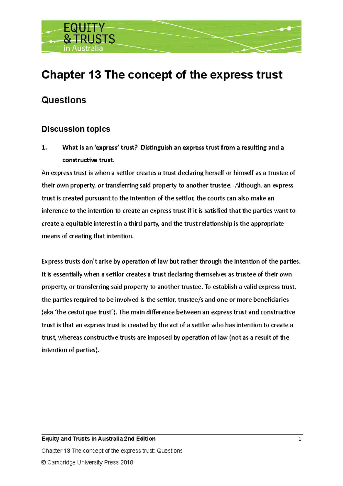 13-Questions - Chapter 13 Equity and Trusts law Discussion questions ...
