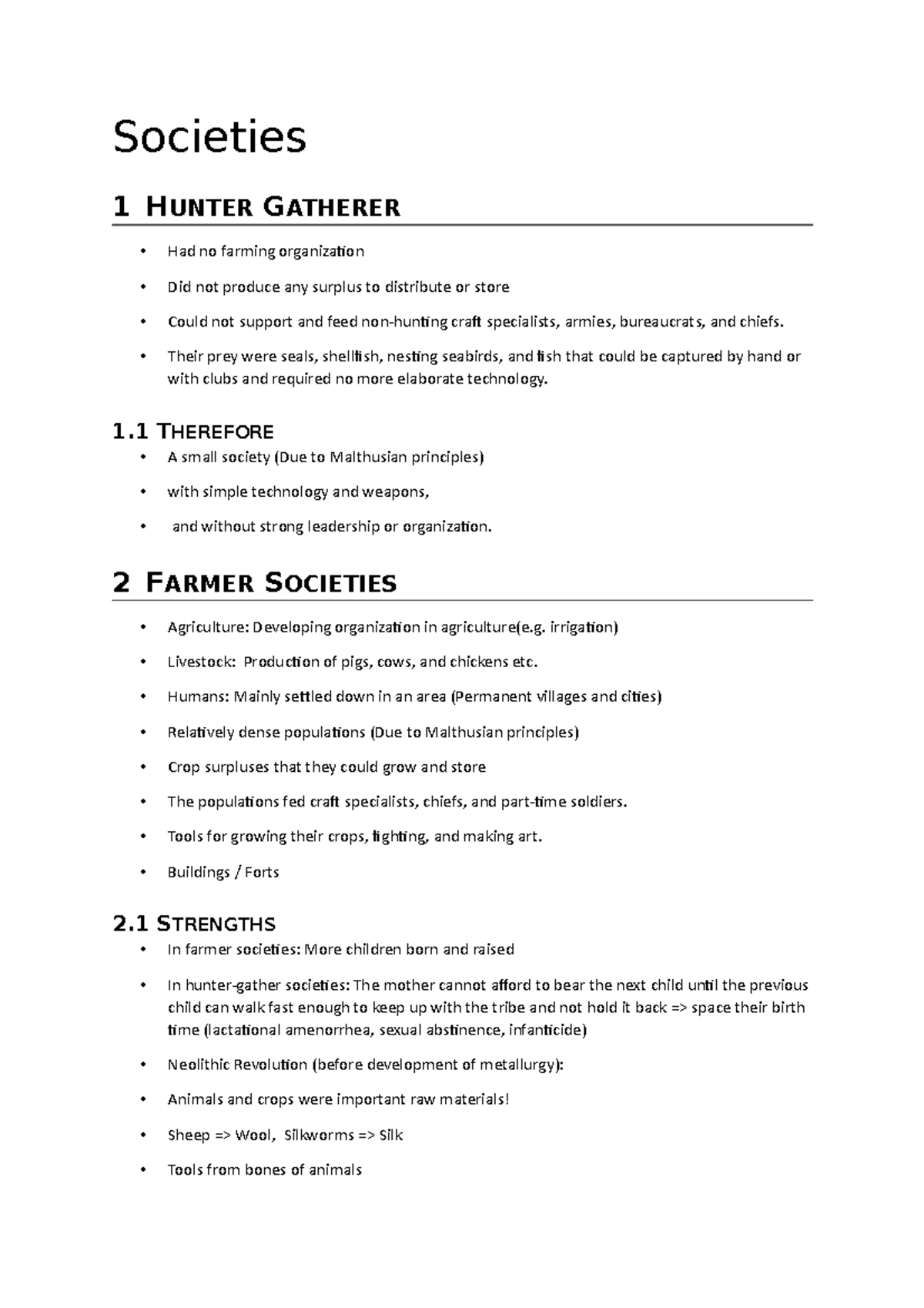 Societies - Lecture notes 1 - Societies 1 HUNTER GATHERER Had no ...
