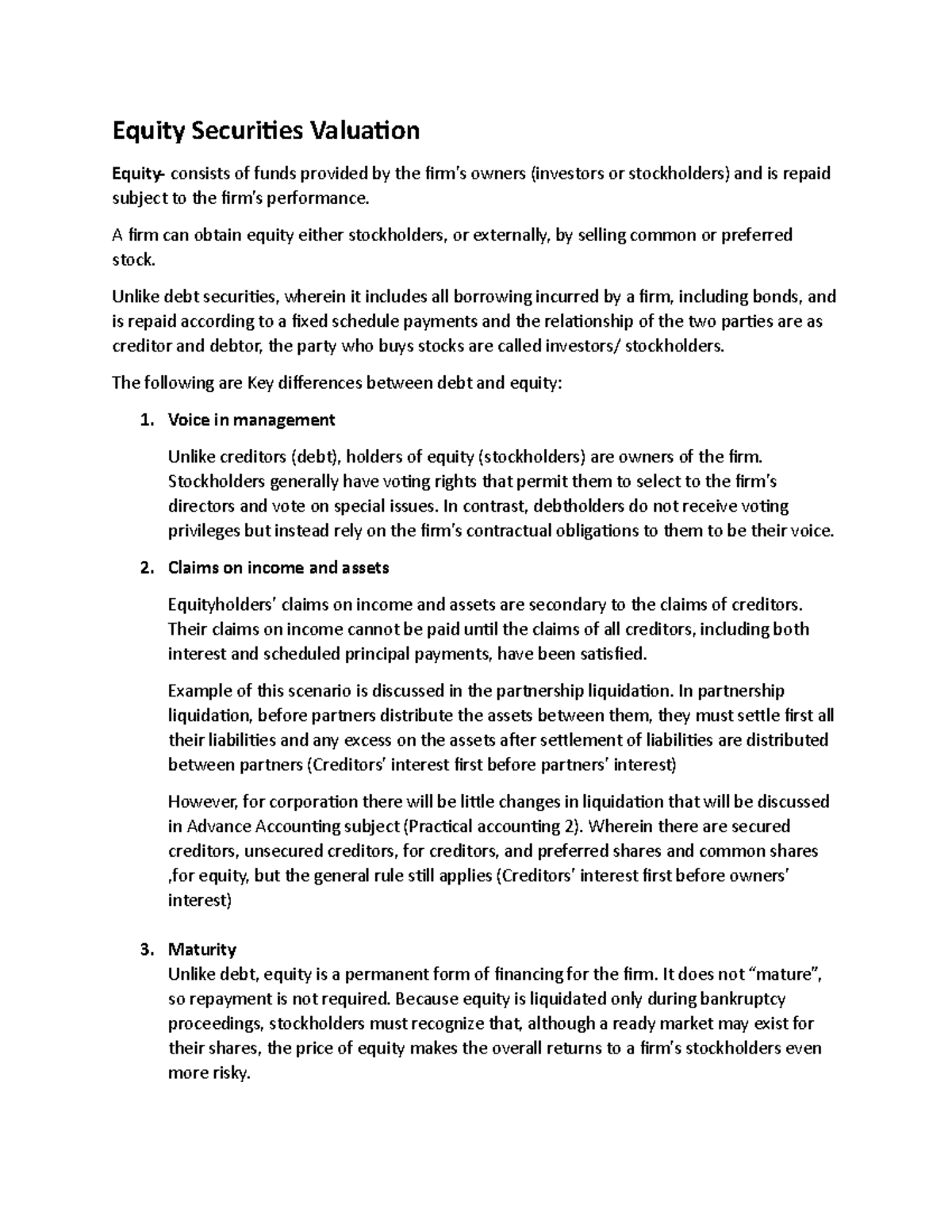 Equity Securities Valuation - Equity Securities Valuation Equity ...