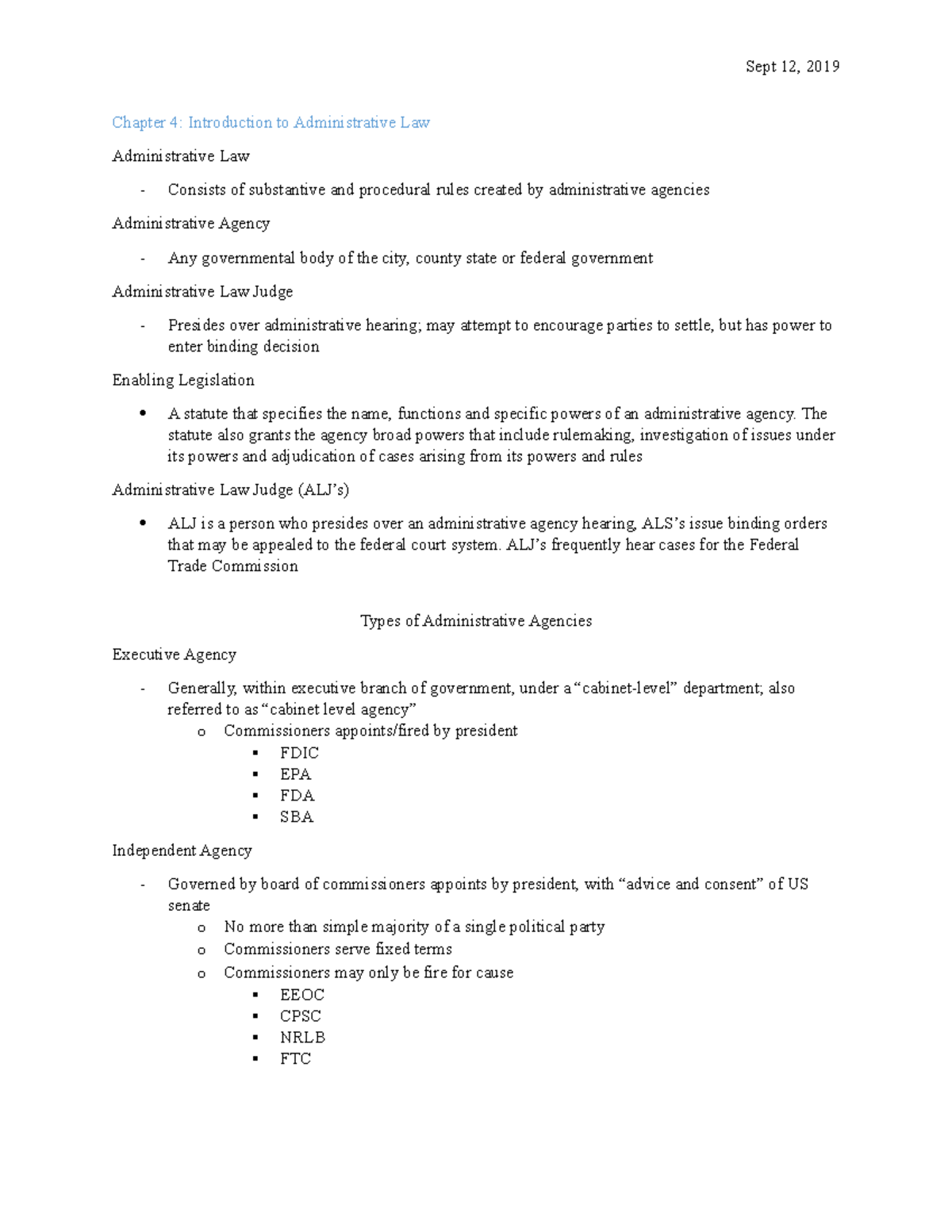 Chapter 4 & 7 Notes: Intro to Administrative Law - Sept 12, 2019 ...