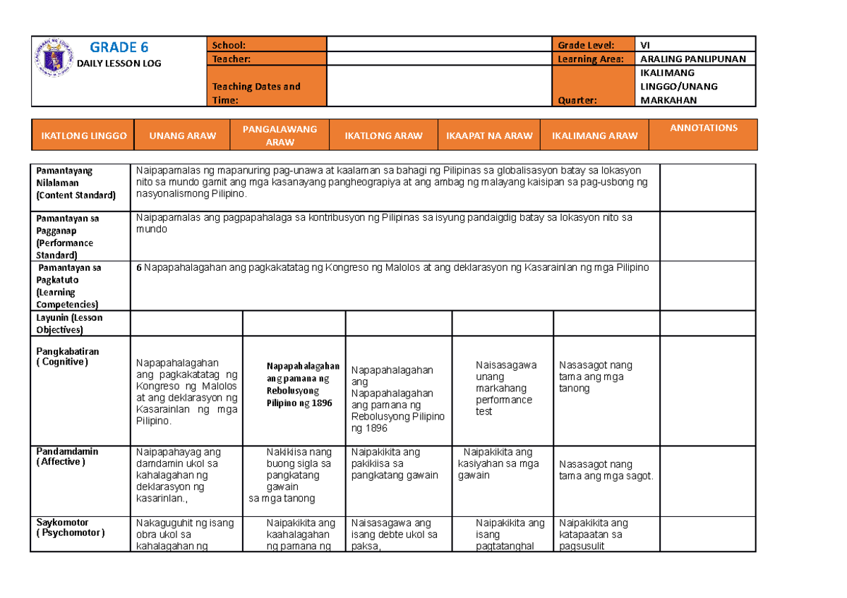 A.P 6 WEEK 5 Quarter 1 - LESSON LOG - GRADE 6 DAILY LESSON LOG School ...