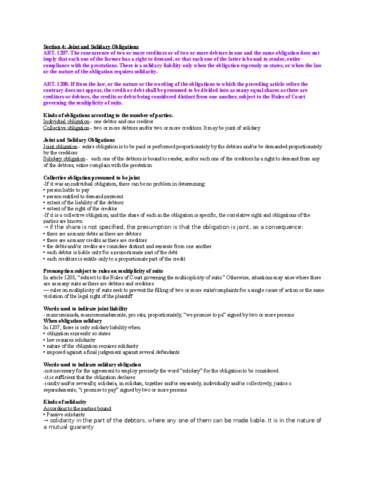 Chap 3 joint and solidary obligations - Section 4: Joint and Solidary ...