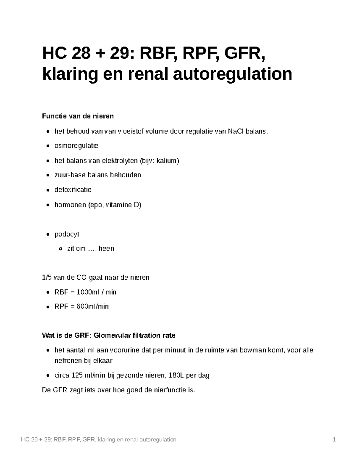 HC28 en 29 klaring en renale autoregulatie pdf - HC 28 + 29: RBF, RPF ...