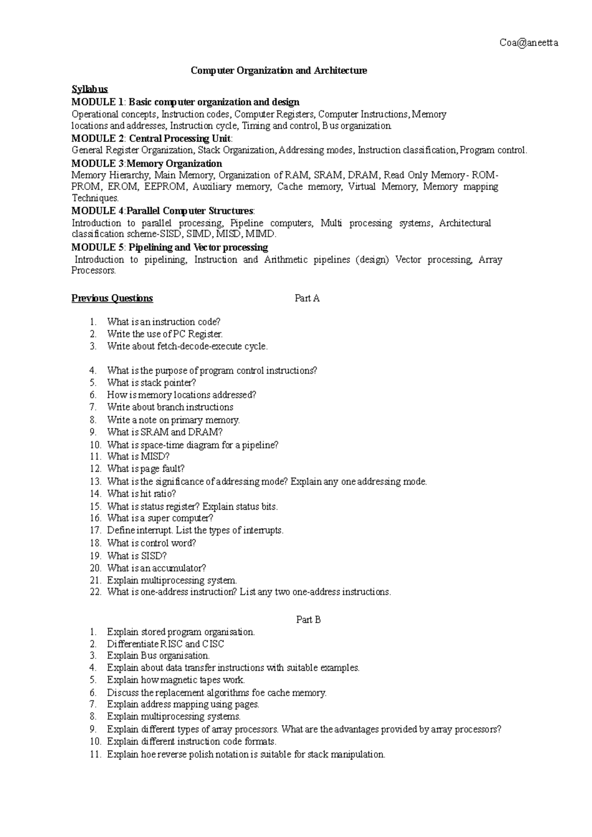 Co Notes Syllabus Computer Organization And Architecture Module 1 Basic Computer