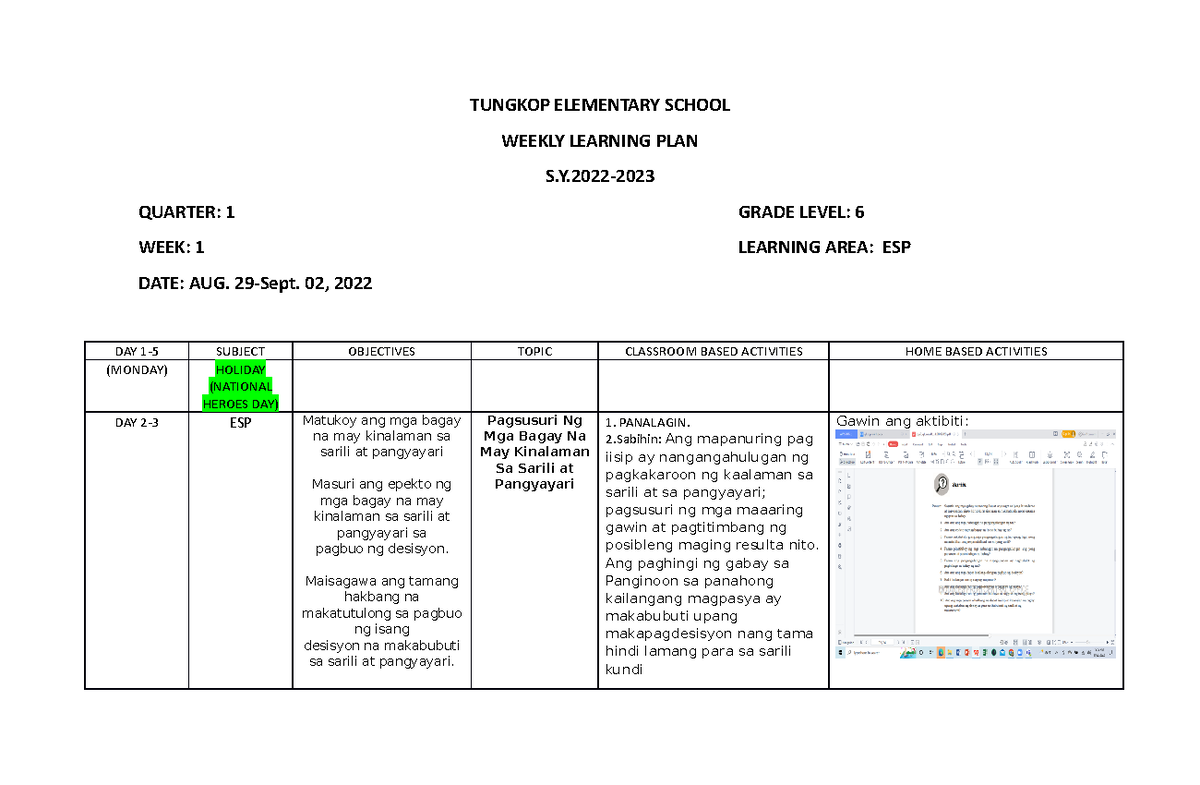 Q1 esp wk 1 - weekly learning plan in english - TUNGKOP ELEMENTARY SCHOOL WEEKLY LEARNING PLAN S ...