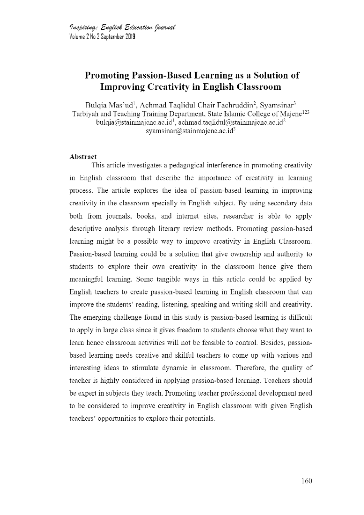 Promoting Passion-Based Learning as a Solution of Improving Creativity in English Classroom ...