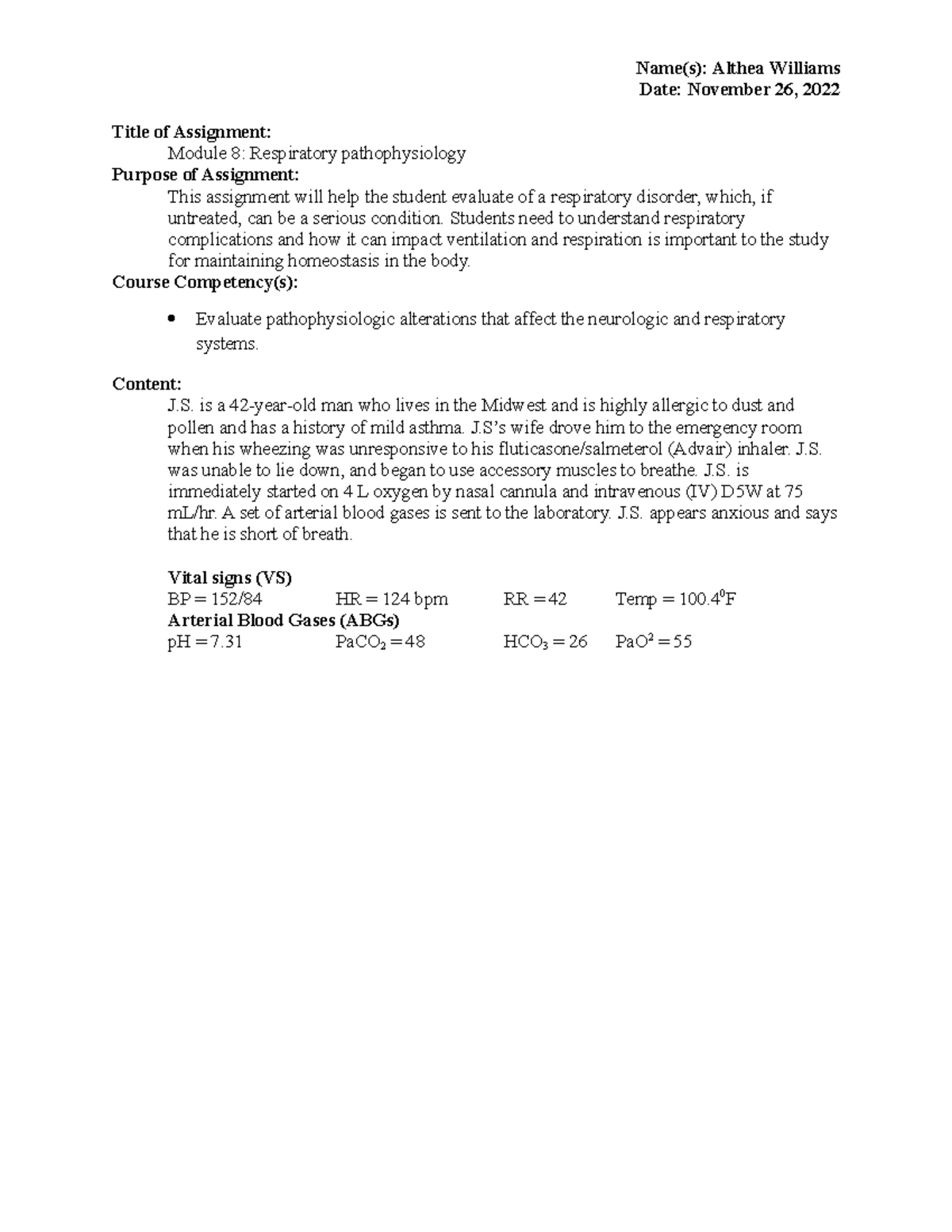 Module 8 respiratory - Classwork - Date: November 26, 2022 Title of ...