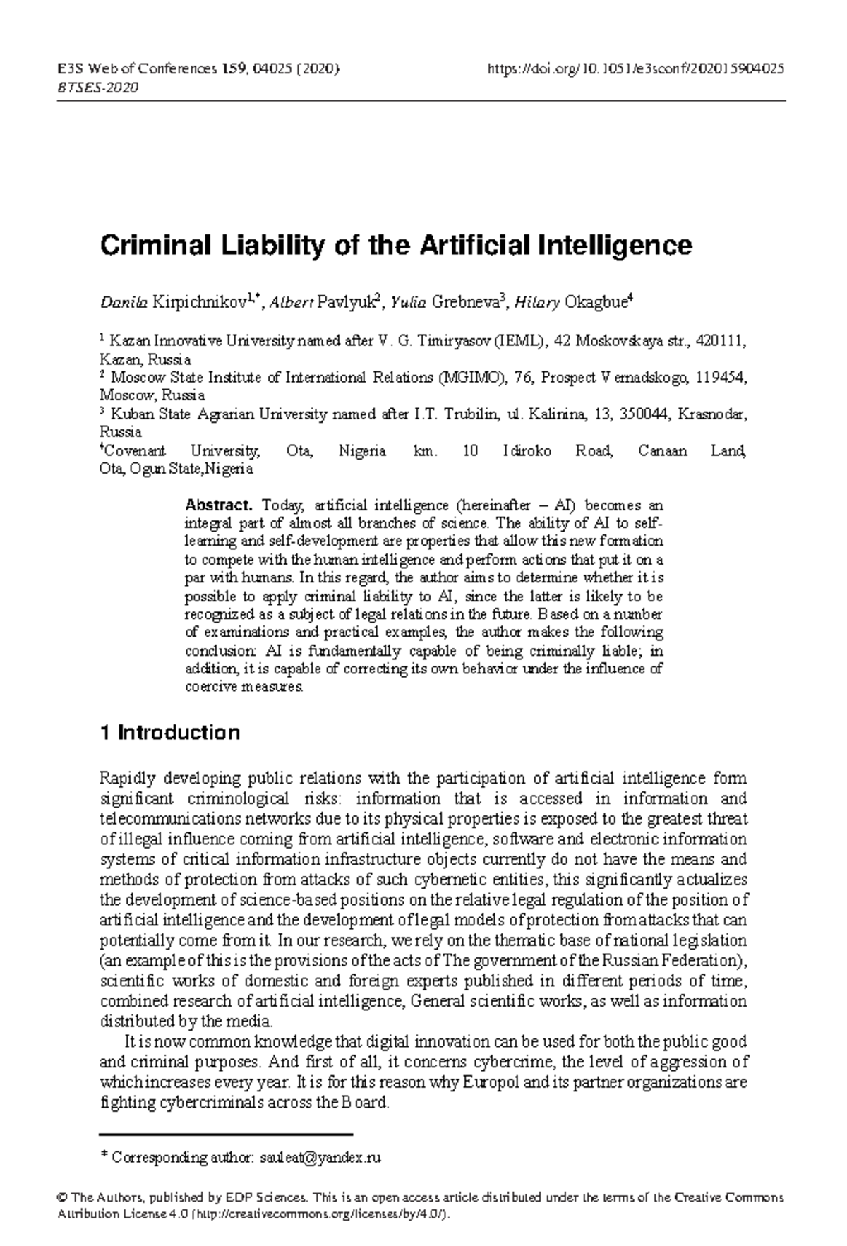 Criminal Liability of the Artificial Intelligence - G. Timiryasov (IEML), 42 Moskovskaya str ...