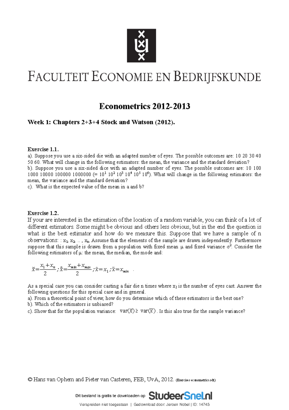 Econometrics 1 Additional Training Exercises Econometrics 2012 Week 1 Chapters 2 3 4 Stock