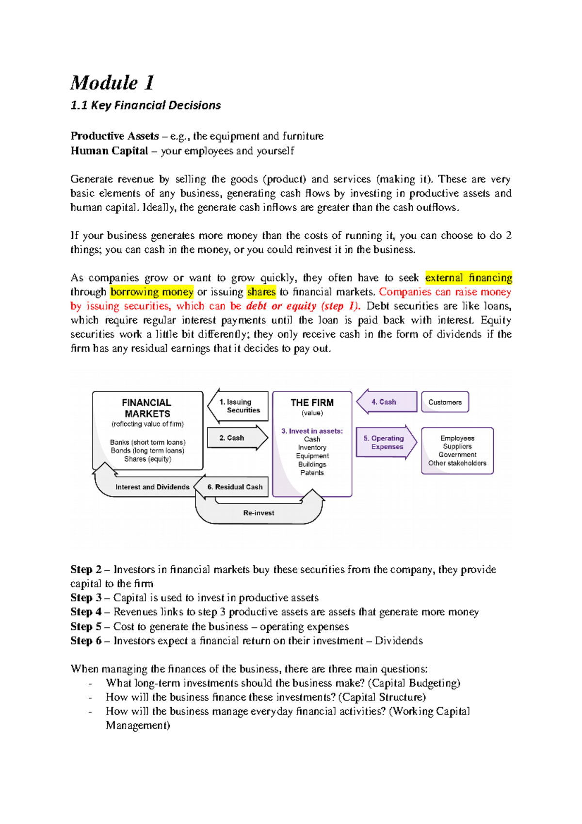 Module 1 - Lecture notes 1-3 - Module 1 1 Key Financial Decisions ...