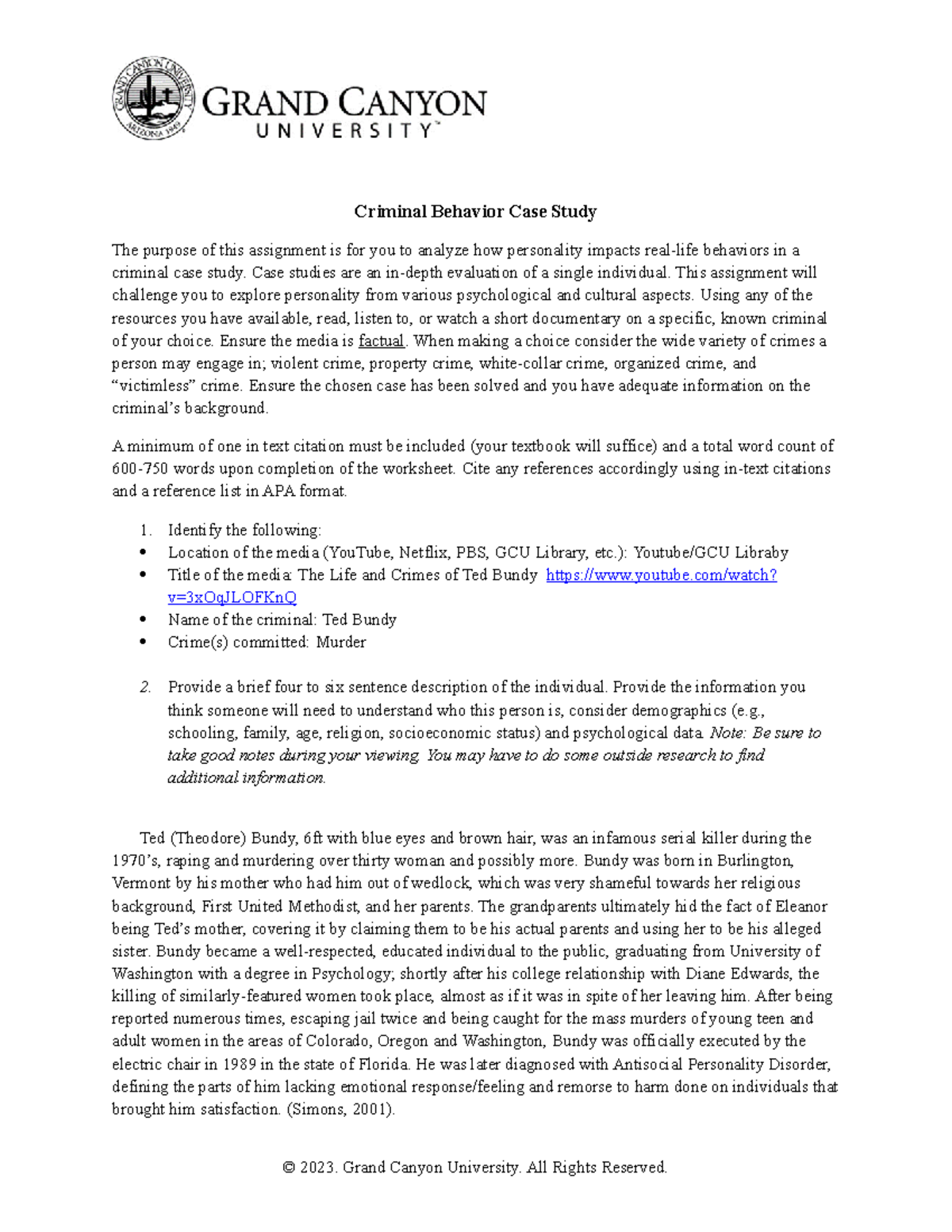 Criminal Case Study- Ted Bundy (sydney bieling) - Criminal Behavior ...