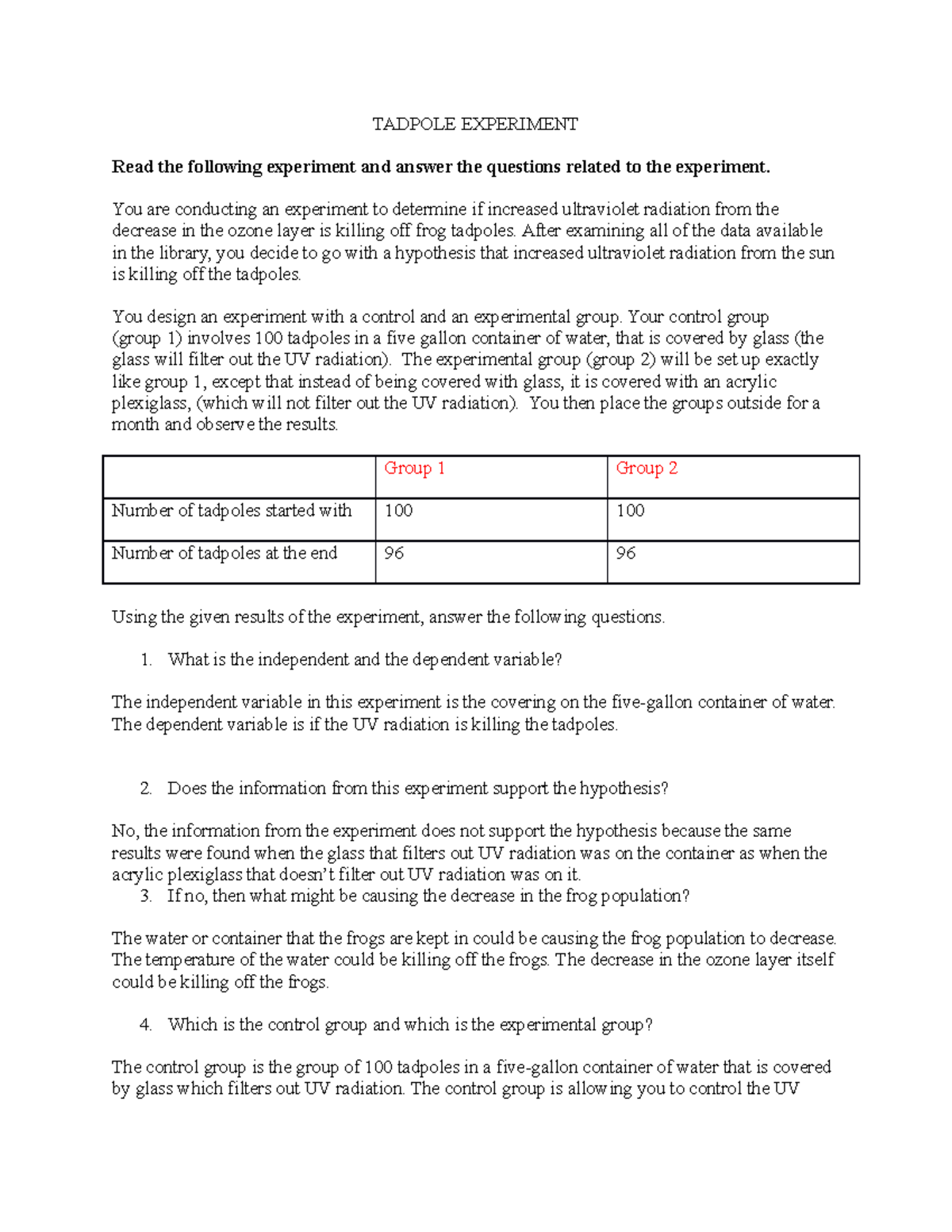 Tadpole expt Assignment - TADPOLE EXPERIMENT Read the following ...
