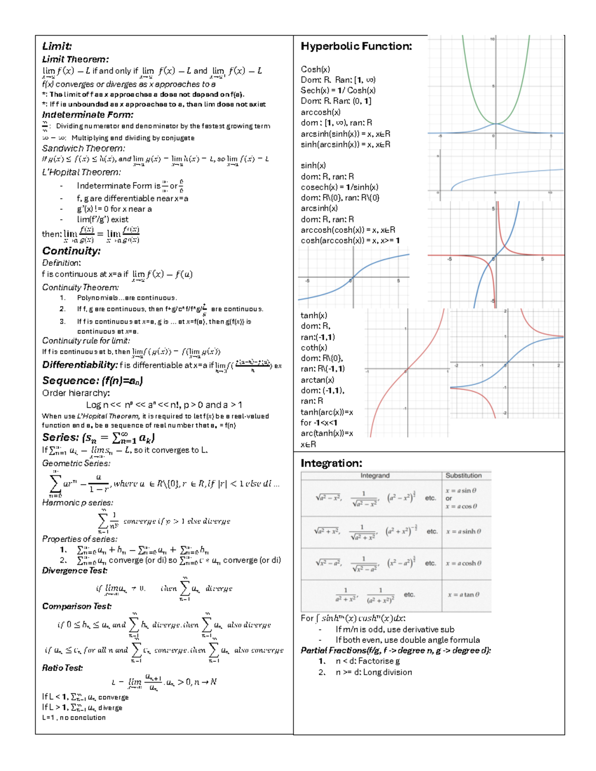 Cal 2 - Study Notes - Limit: Limit Theorem: lim !→# 𝑓(𝑥) = 𝐿 if and ...