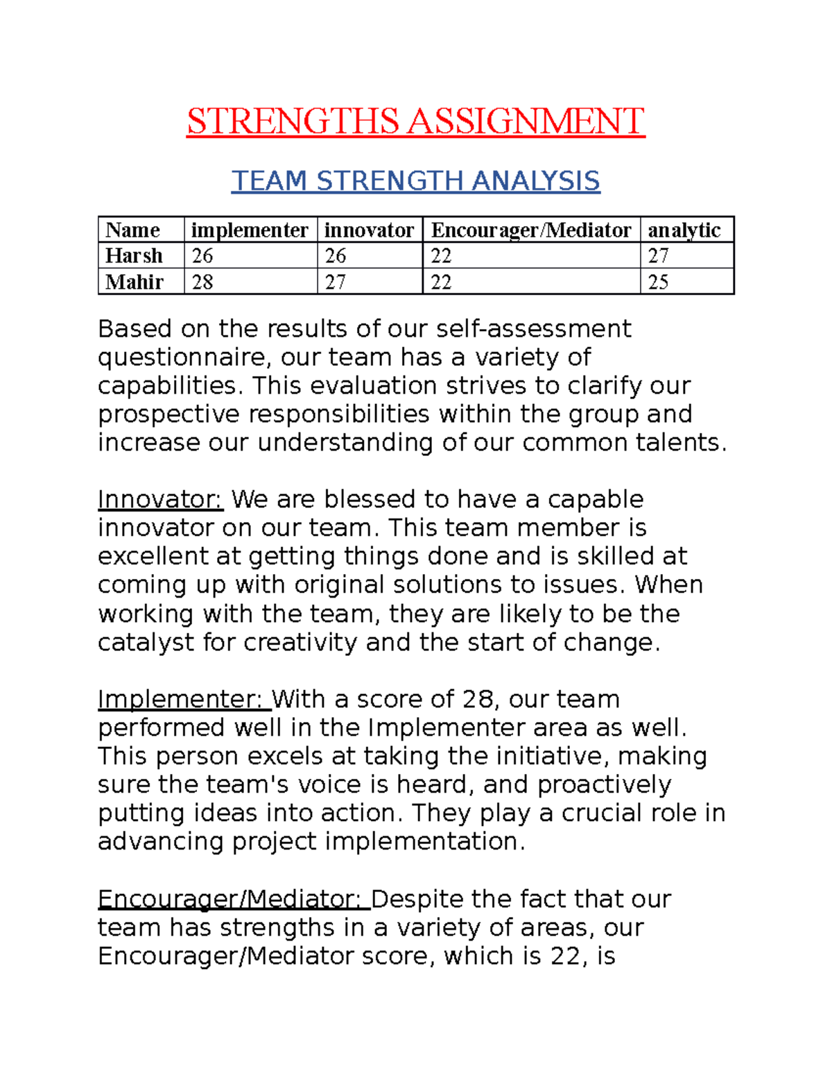 Strengths Assignment Mahir - STRENGTHS ASSIGNMENT TEAM STRENGTH ...