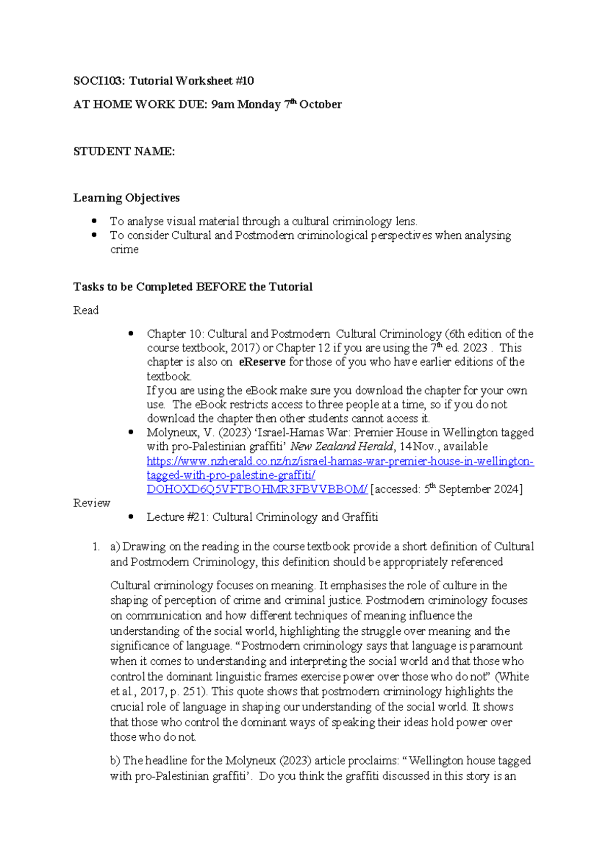 Tutorial worksheet #10 - SOCI103: Tutorial Worksheet # AT HOME WORK DUE ...