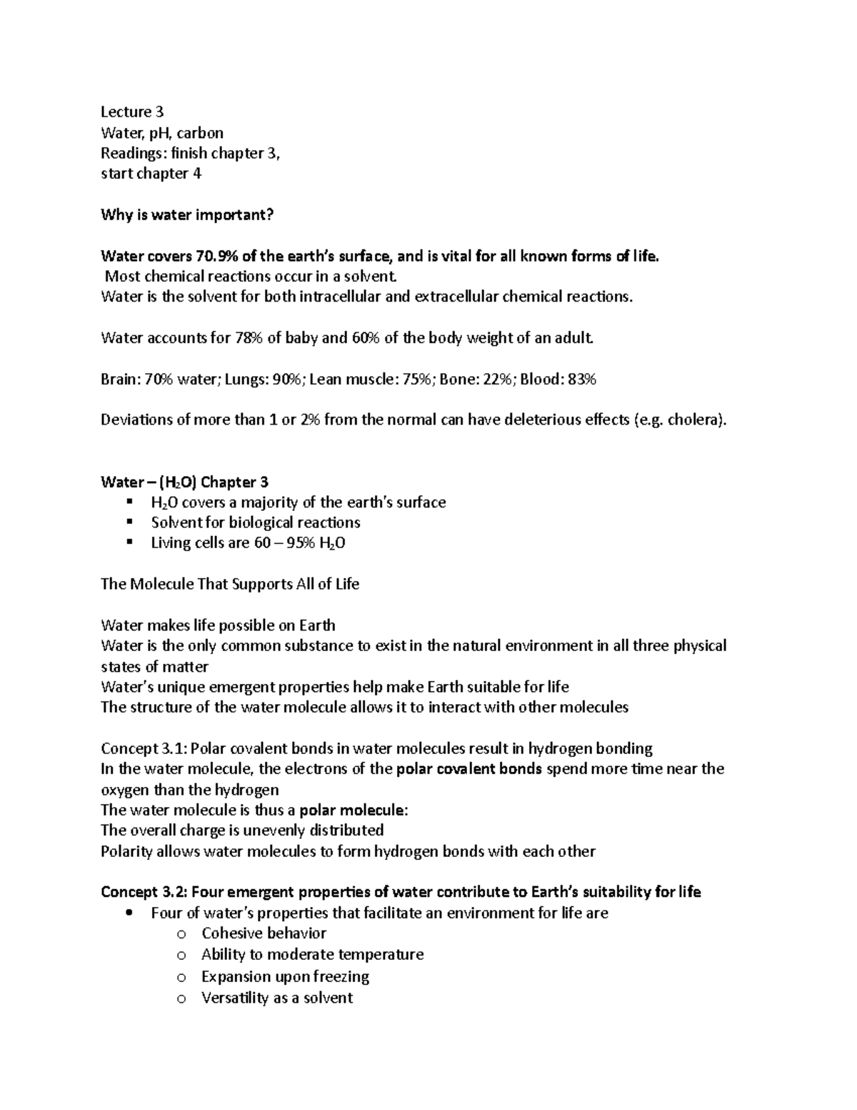 Bionotes chap 3 - Lecture 3 Water, pH, carbon Readings: finish chapter ...