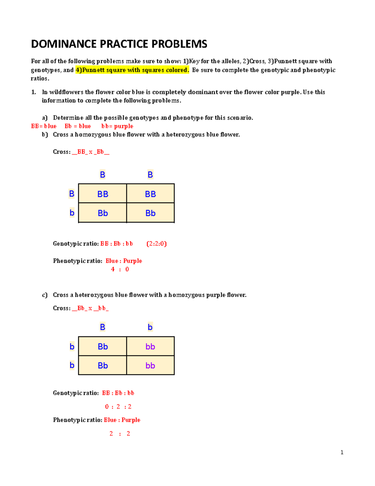 8-13 Dominance and Blood Types Punnet Packet - DOMINANCE PRACTICE ...