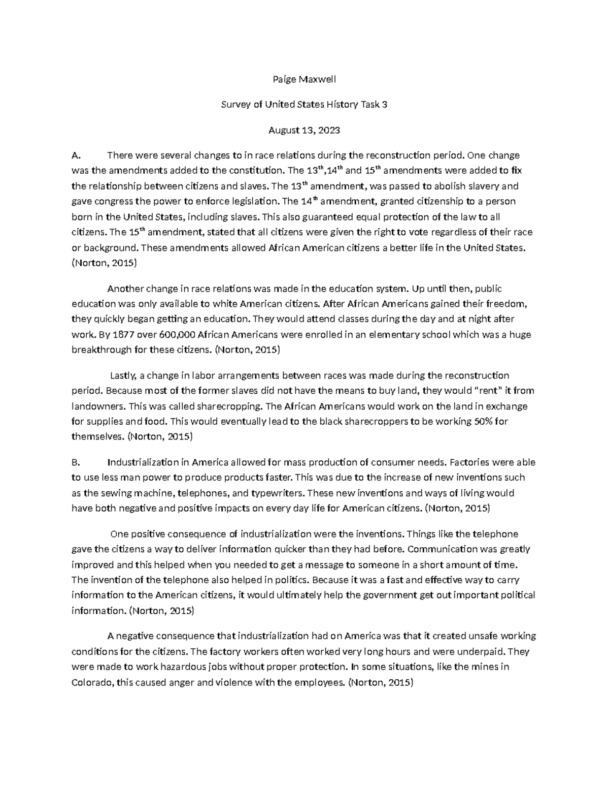 Survey of US history task 3 - Paige Maxwell Survey of United States ...