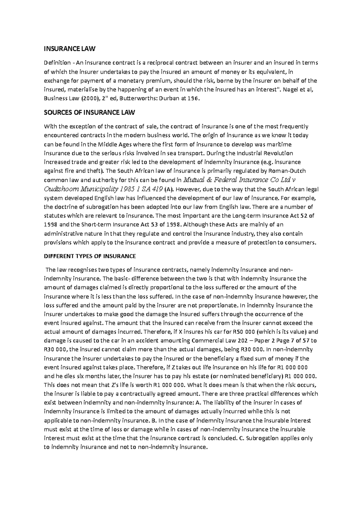 Insurance LAW - Lecture slides - INSURANCE LAW Definition - An insurance contract is a ...